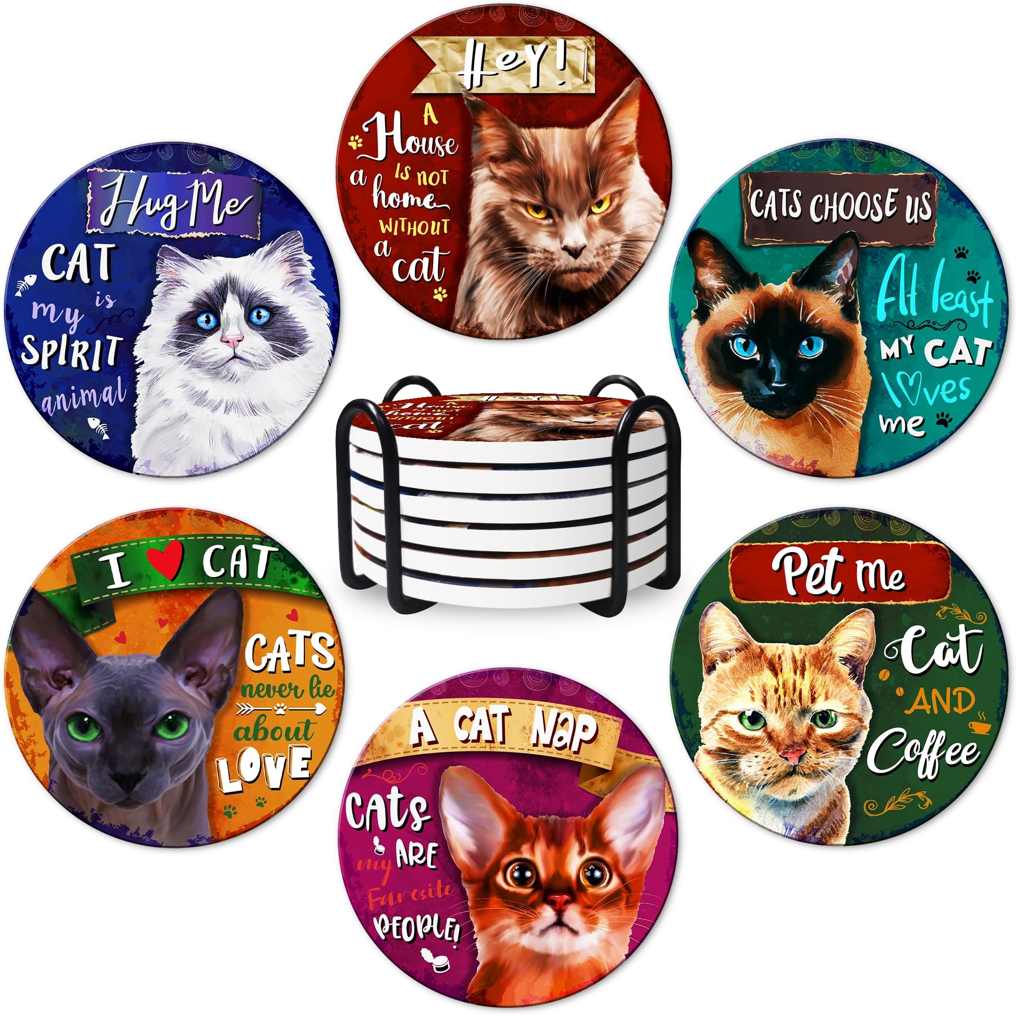 Amazon.com: Cute Cat Coasters Set of 6 - Absorbent Ceramic Drink ...