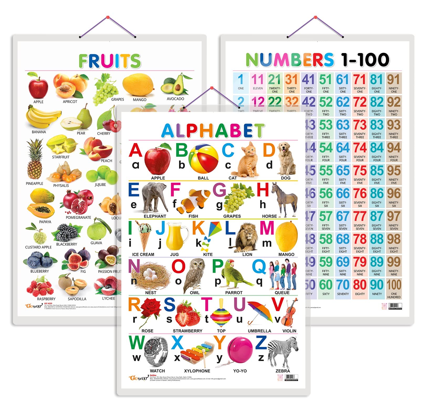 Buy Set of 3 Alphabet, Fruits and Numbers 1-100 Early Learning ...