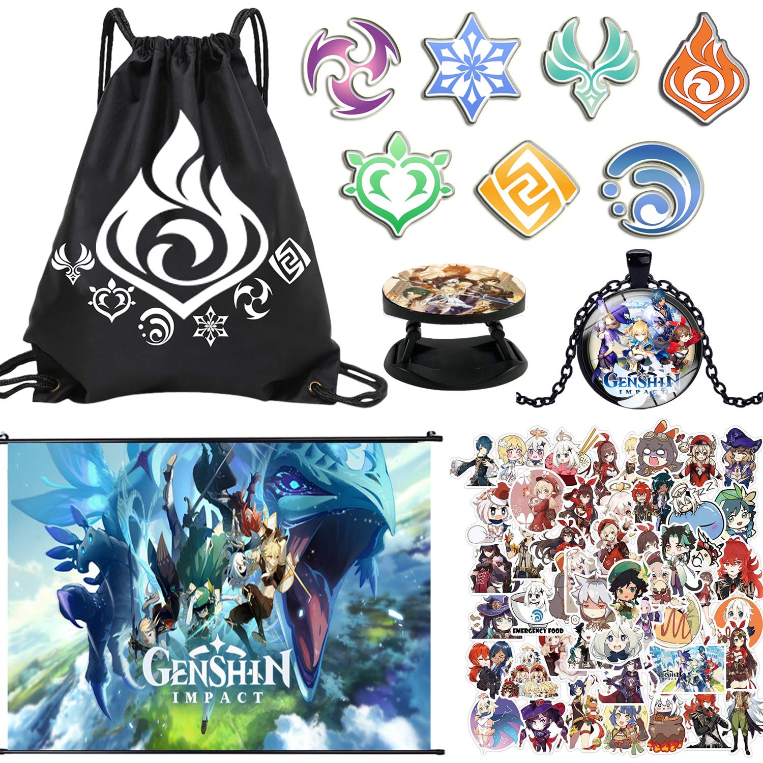 Genshin Impact Gift Set, Backpack, Stickers,Keychain,Phone Holder,Pins ...