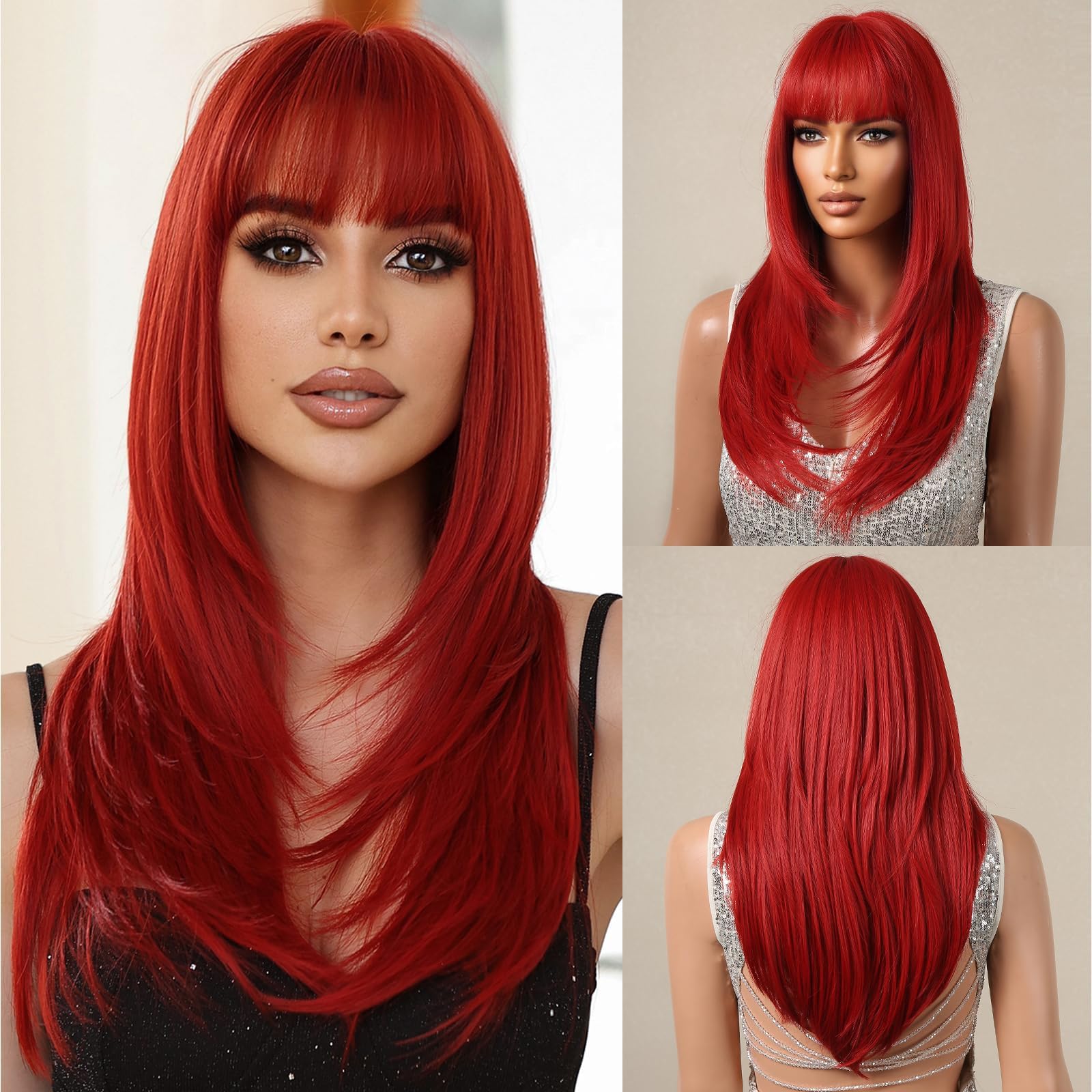 Amazon.com : Allbell Long Straight Red Wig with Bangs Layered Hair ...