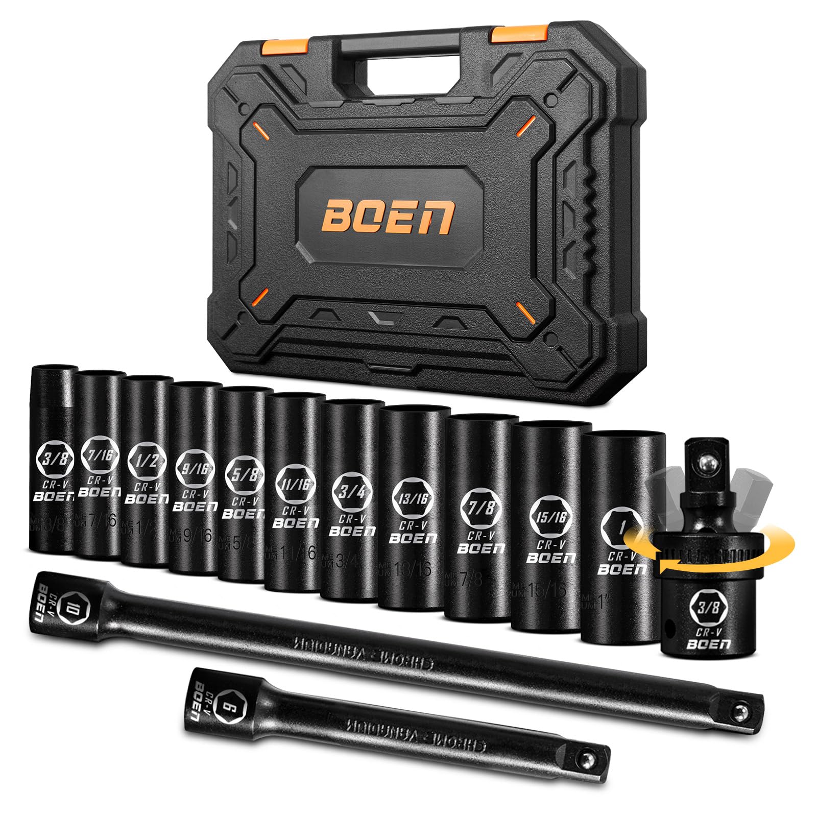 Snapklik.com : BOEN 14-Piece 3/8 Drive Deep SAE Impact Socket Set, 3/8 ...