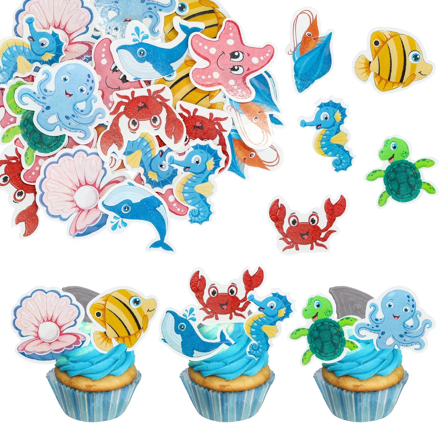 Amazon.com: Gyufise 56Pcs Edible Ocean Animal Cupcake Toppers Sea Ocean ...