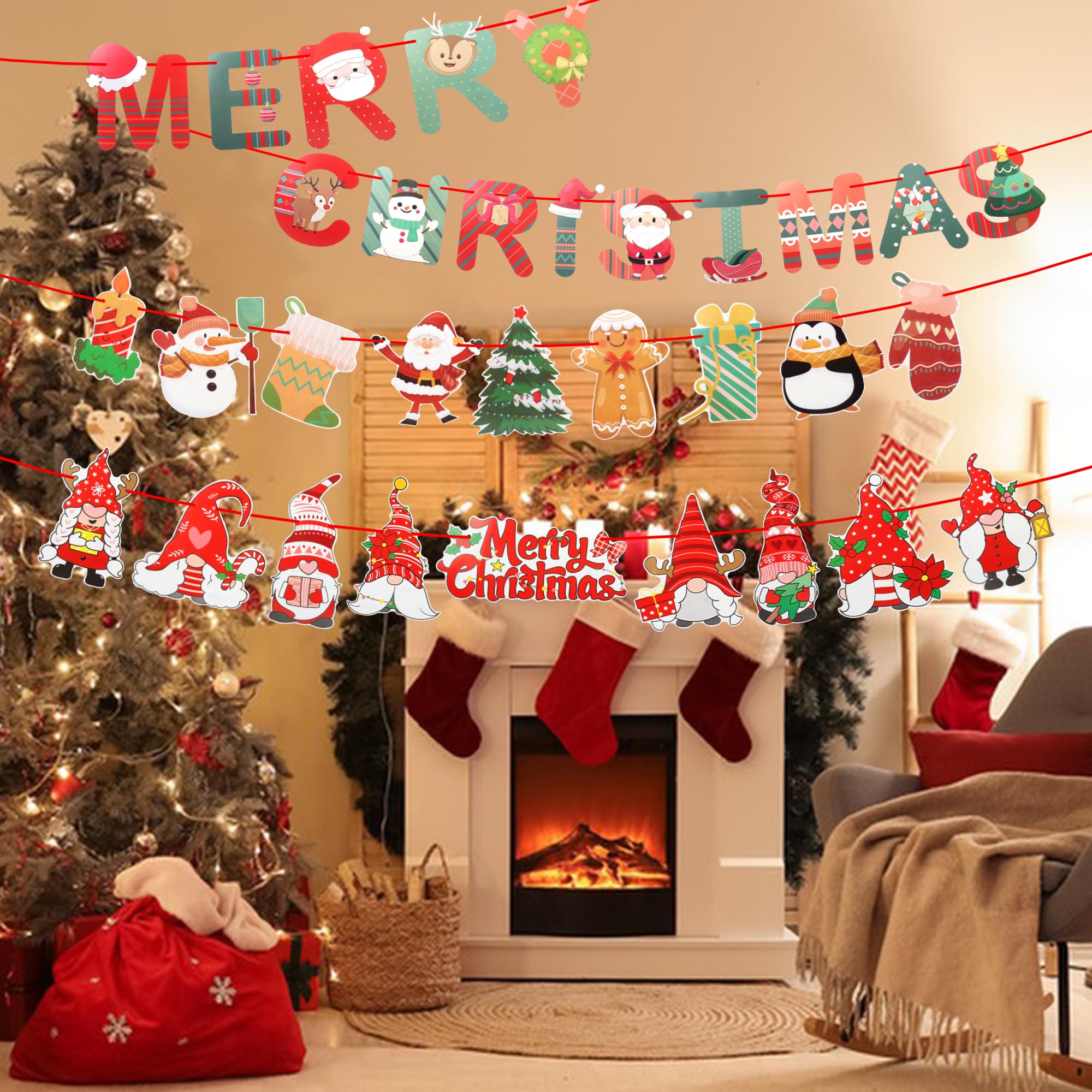 Merry Christmas Banner Garland Christmas Paper Hanging Bunting, 4 Packs ...