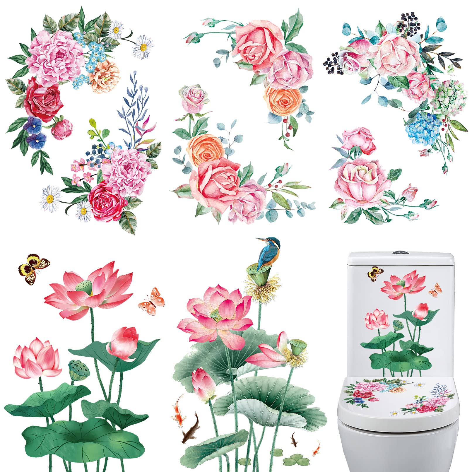 5PCS Peony and Roses Toilet Seat Stickers Self-Adhesive Pink Lotus ...