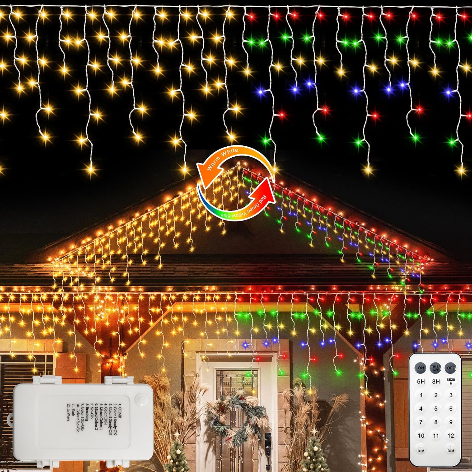 echosari Christmas Icicle Lights Battery Operated 300 LED 23Ft Dual ...