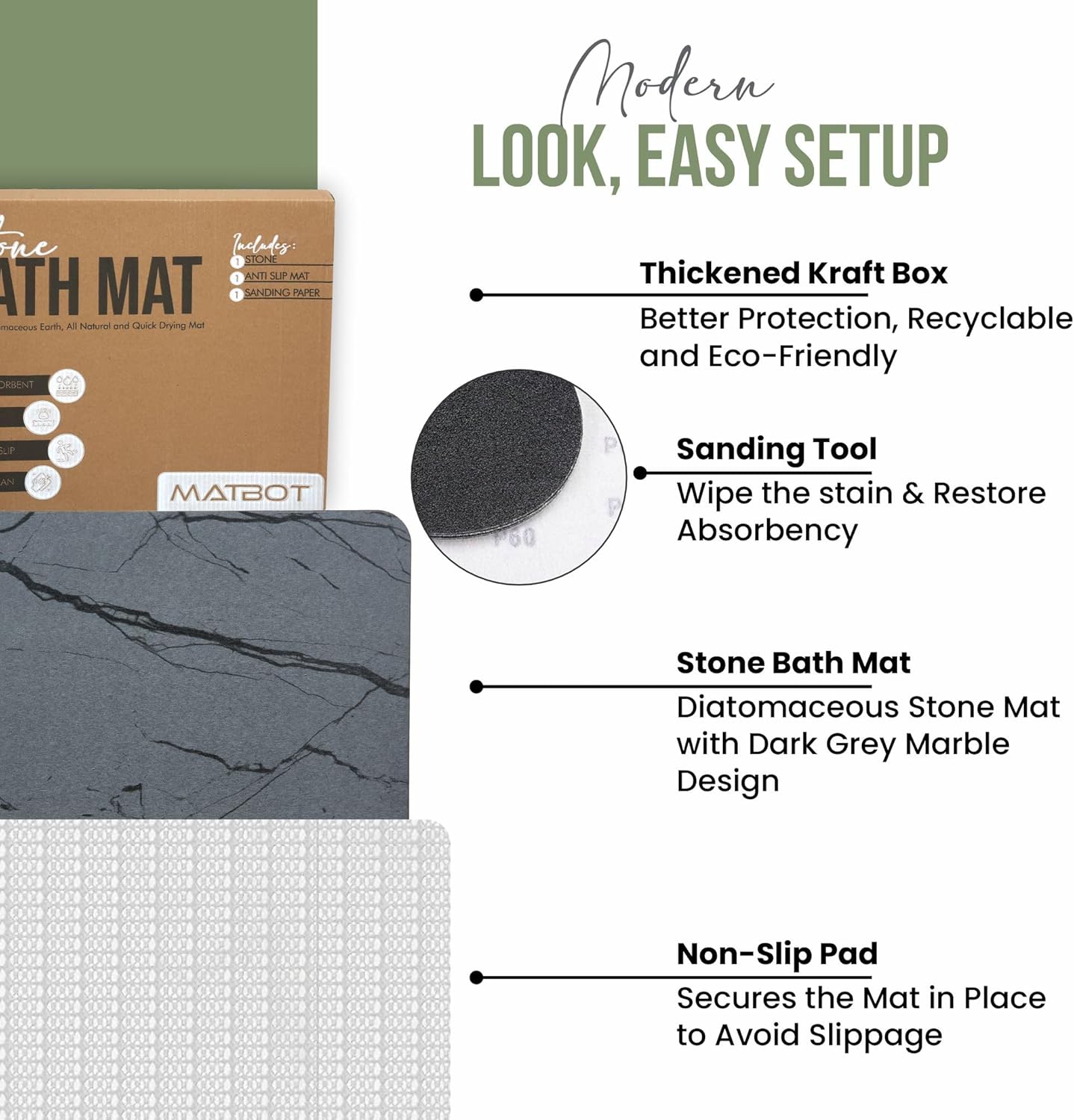 MATBOT Tapete de baño de piedra, tierra de diatomeas, antideslizante ...