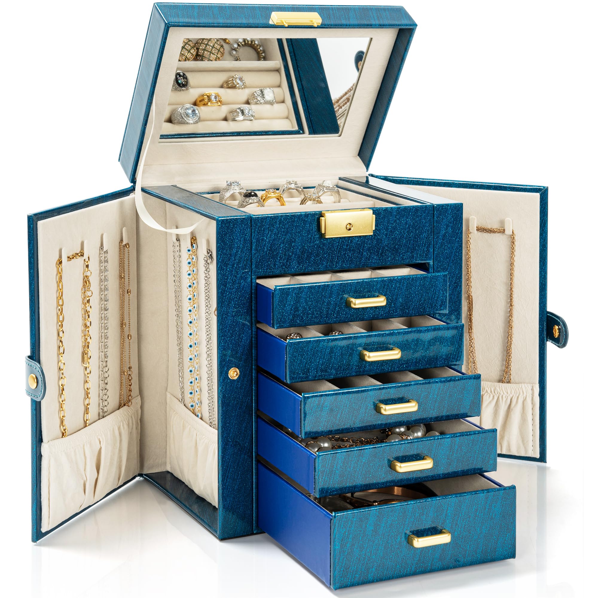 Amazon.com: AKOZLIN 6-Tier Jewelry Box Lockable Leather Jewelry Storage ...