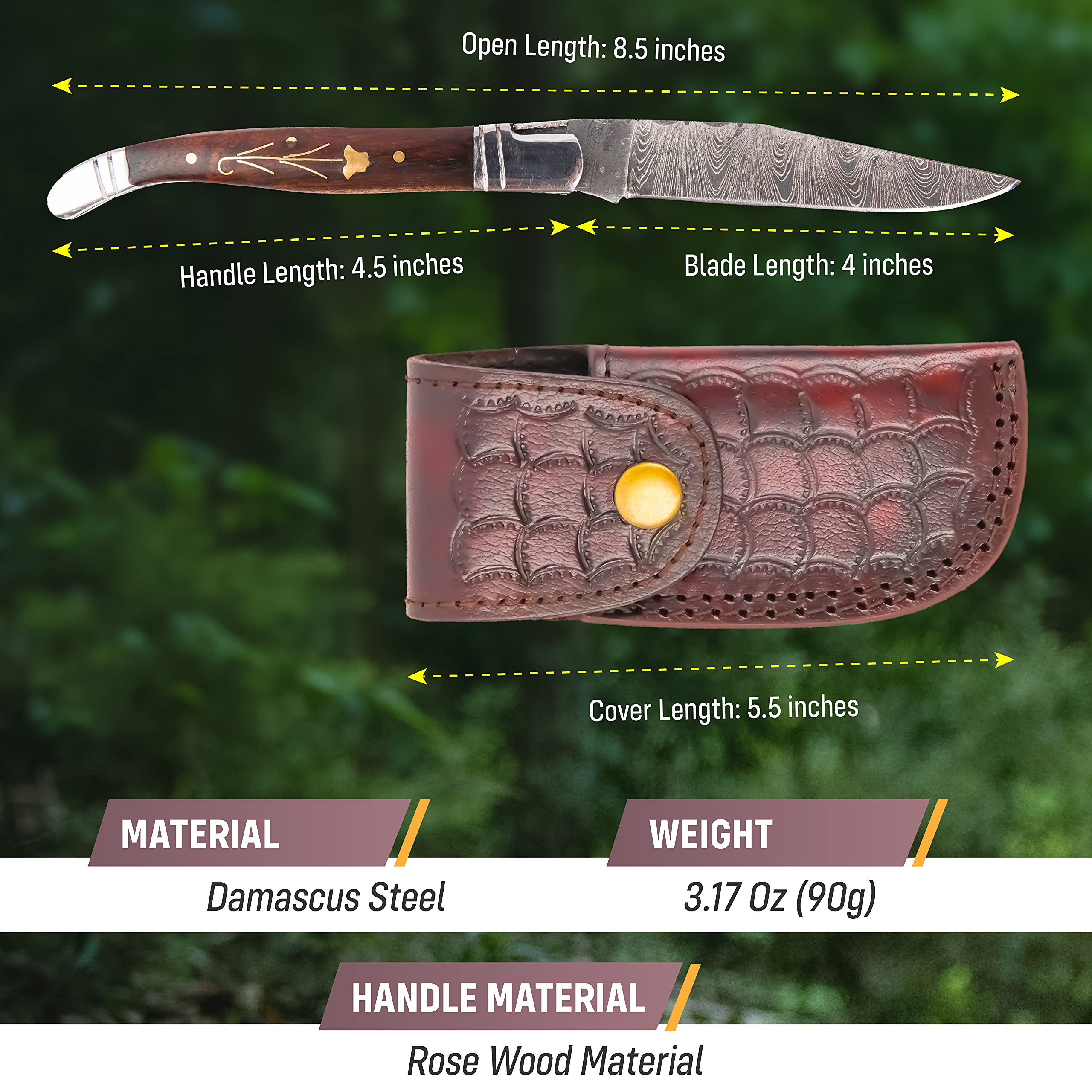 ORKLO Original Damascus pocket knife with Leather Sheath, 8.5-inch ...