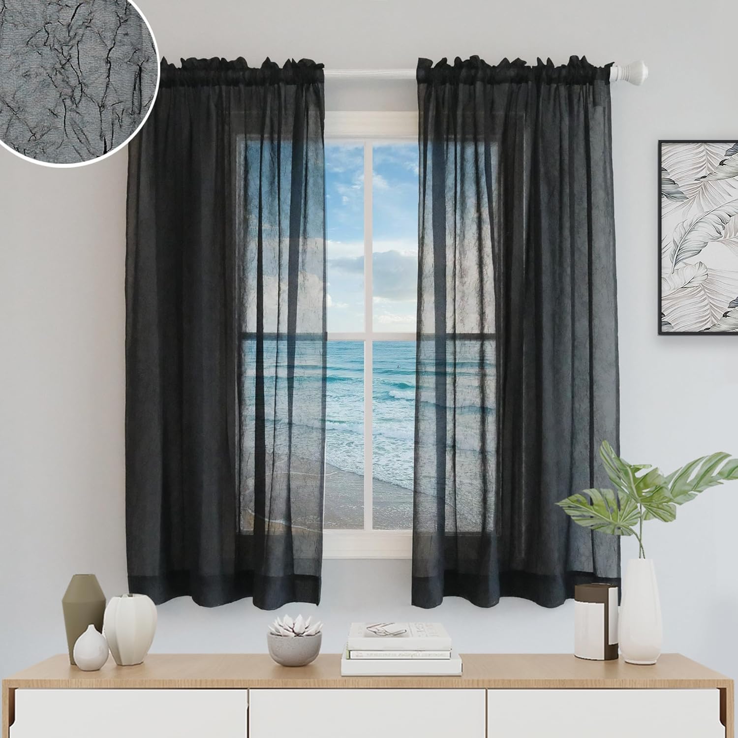 Amazon.com: Snugray Crushed Semi Sheer Curtains 72 Inches Long Black No ...