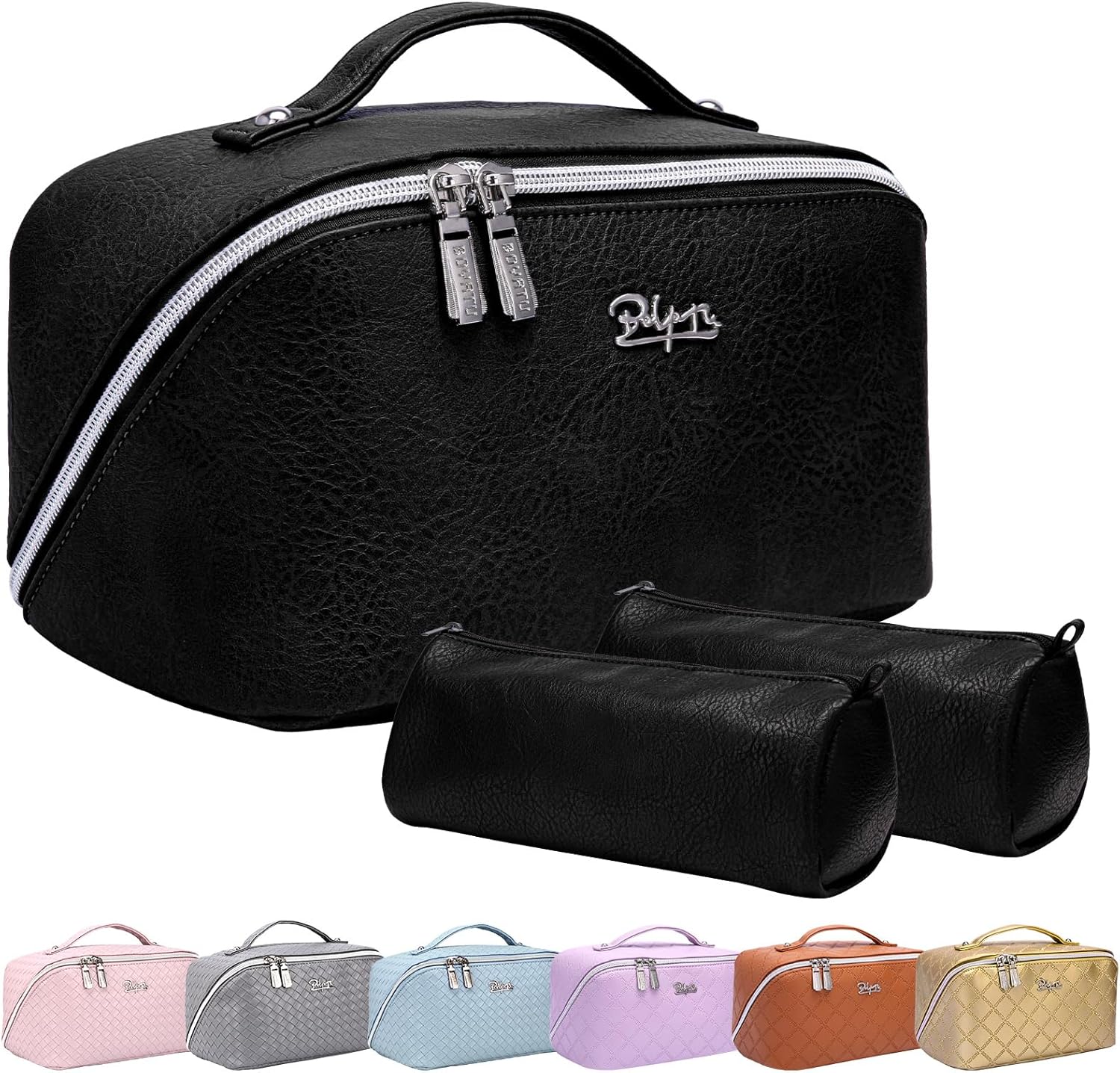 Amazon.com: BOYATU 3-Set Large Capacity Makeup Bag - PU Leather ...