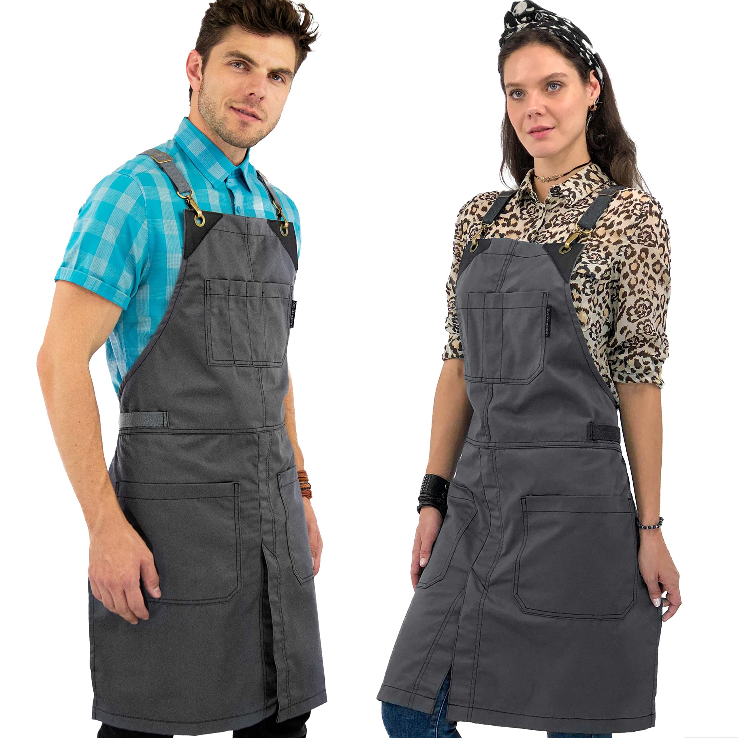 Under NY Sky Cross-Back Slate Gray Apron - Durable Denim with Leather ...