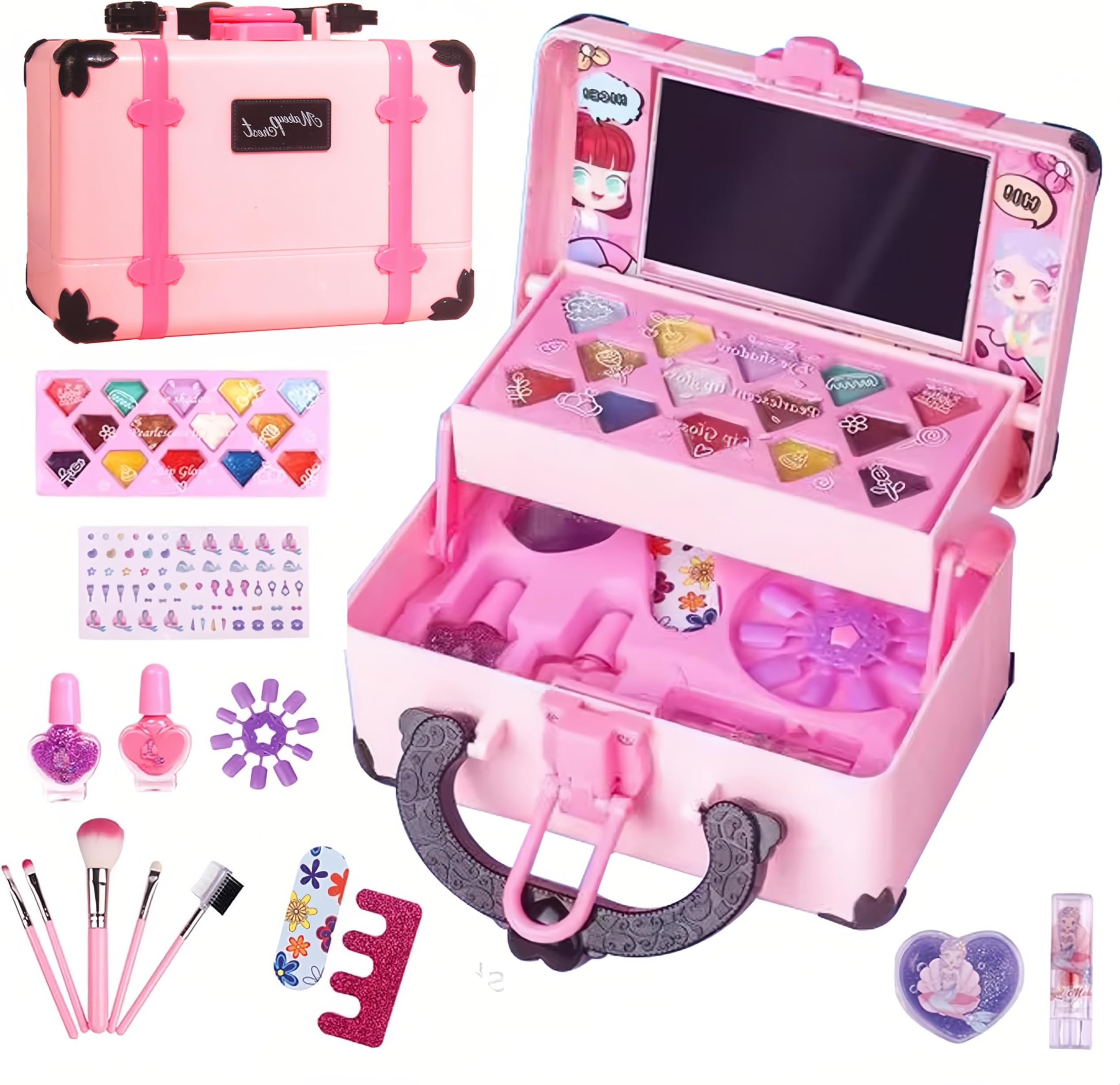 Moninsta Kids Makeup Sets Cosmetic Box with Handle, Princess Toys Real ...