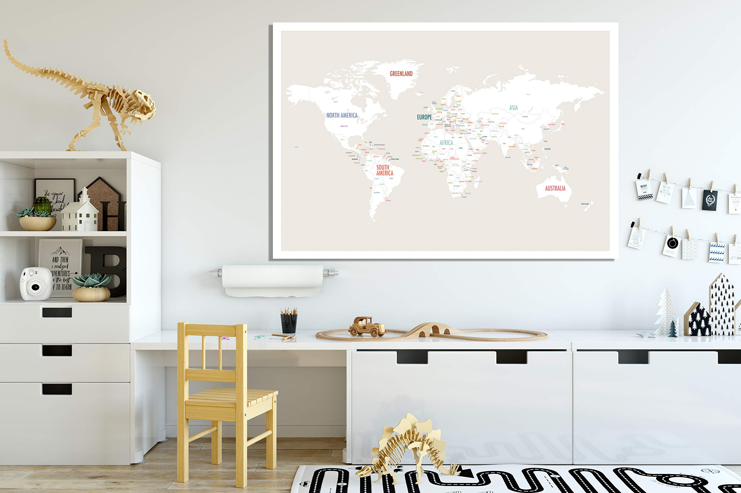 World Map Wall Art Poster (24" x 18") - Unframed Beige and White color ...