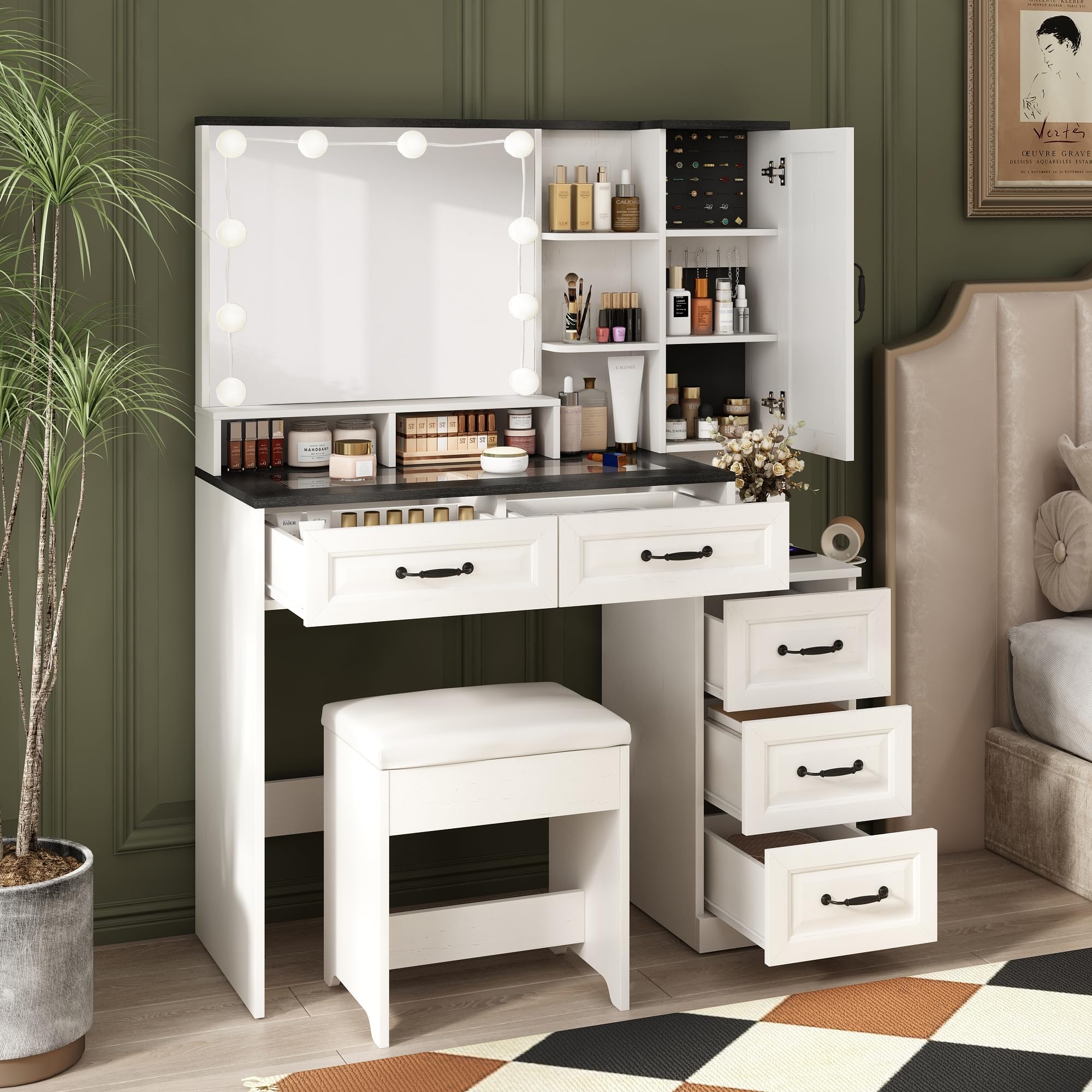 Amazon.com: BTHFST Makeup Vanity Desk with Mirror and Lights & Charging ...