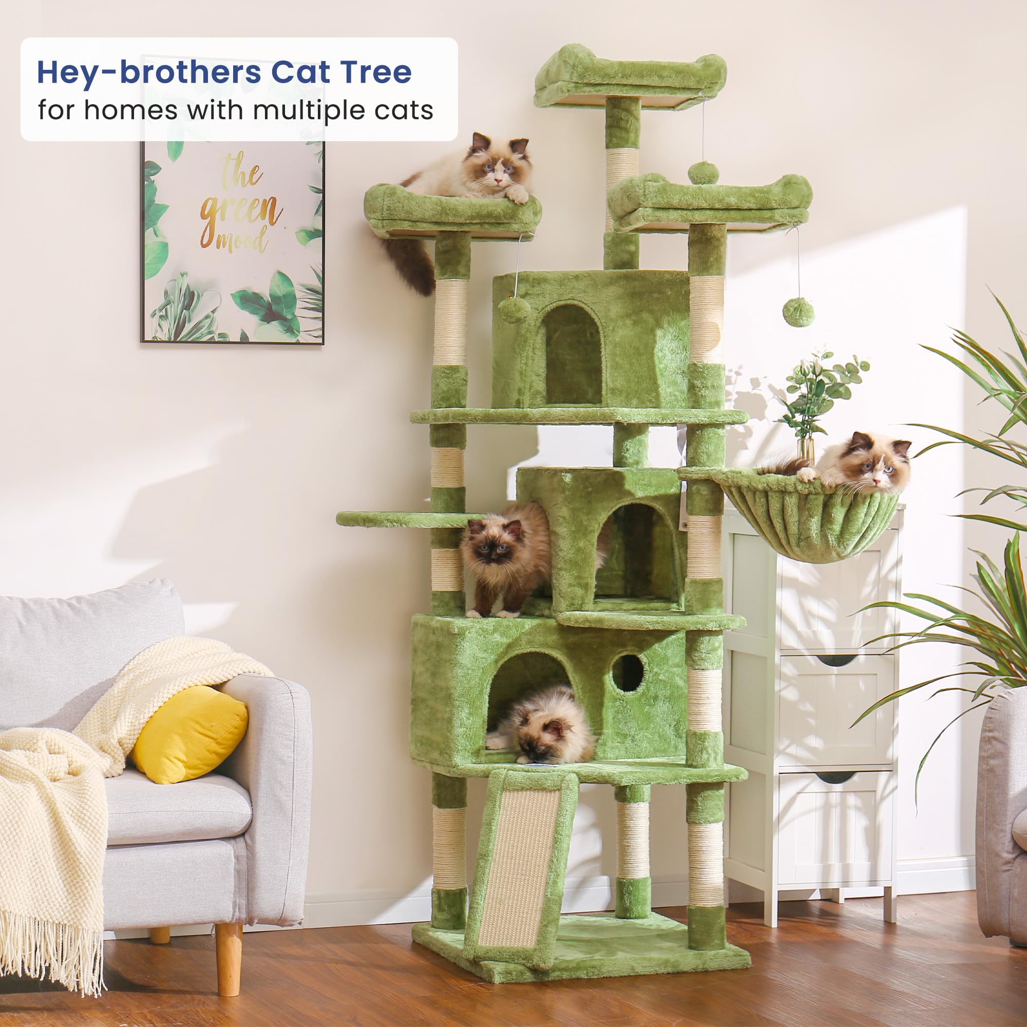 Hey-brother XL Size Cat Tree, 73.4 inch Cat Tower with 3 Caves, 3 Cozy ...