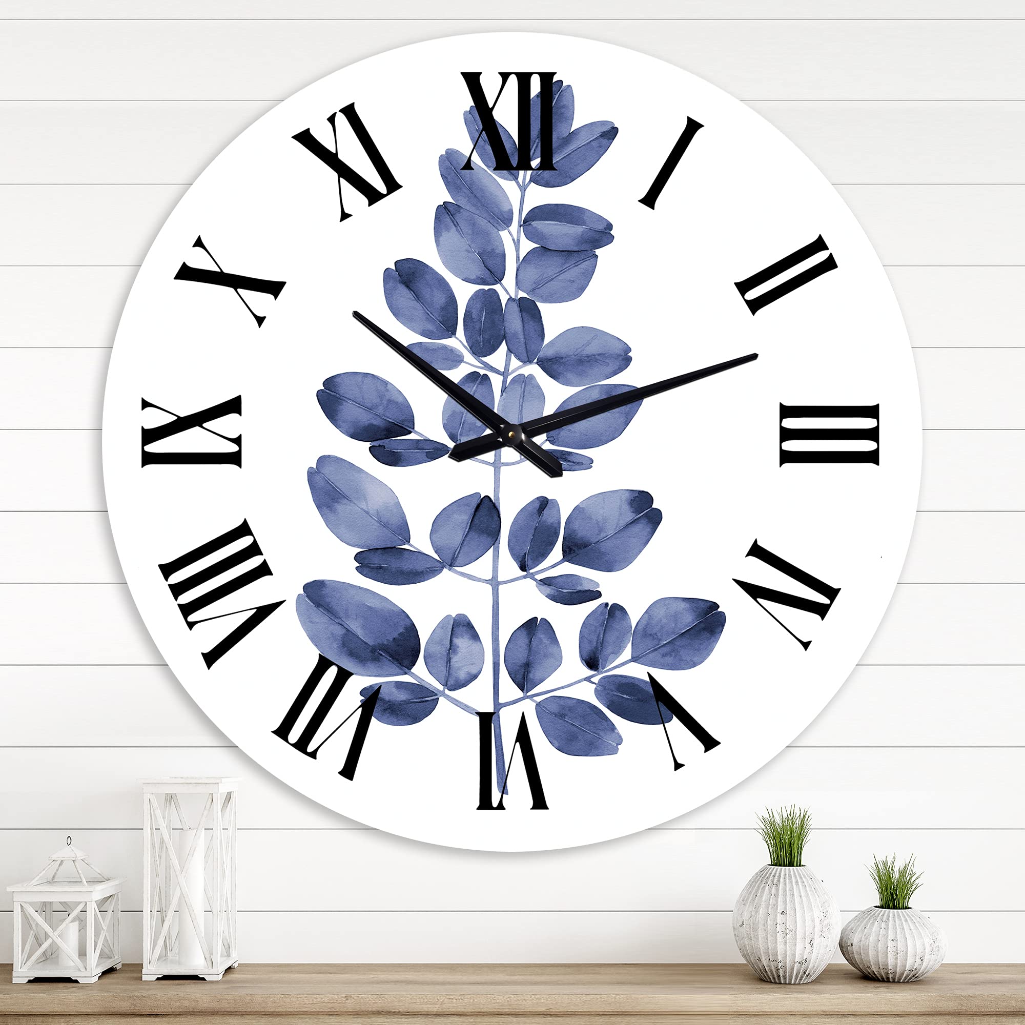 DesignQ Traditional Wall Clock 'Navy Blue Eucalyptus II' Floral ...
