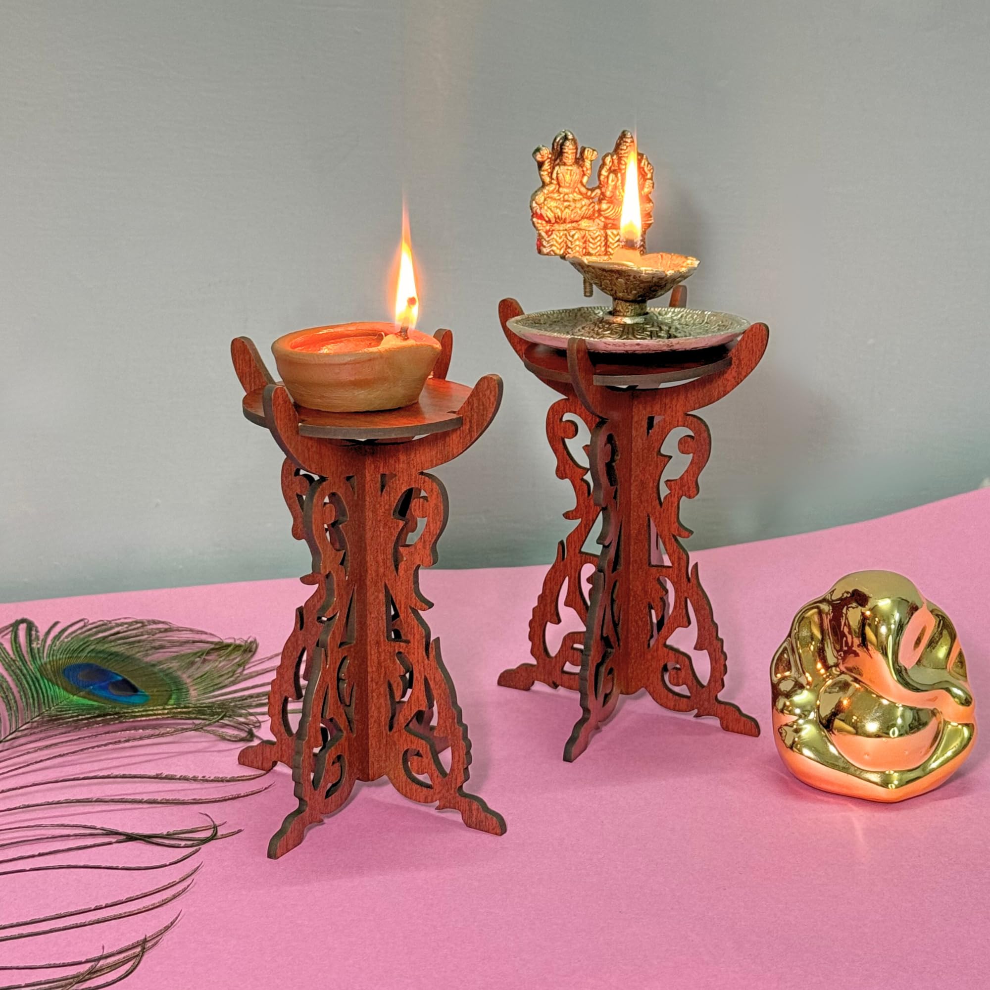 Amazon.com: VDOHONEST Wooden Pooja Diya Stand, Home Temple Decor, Diya ...