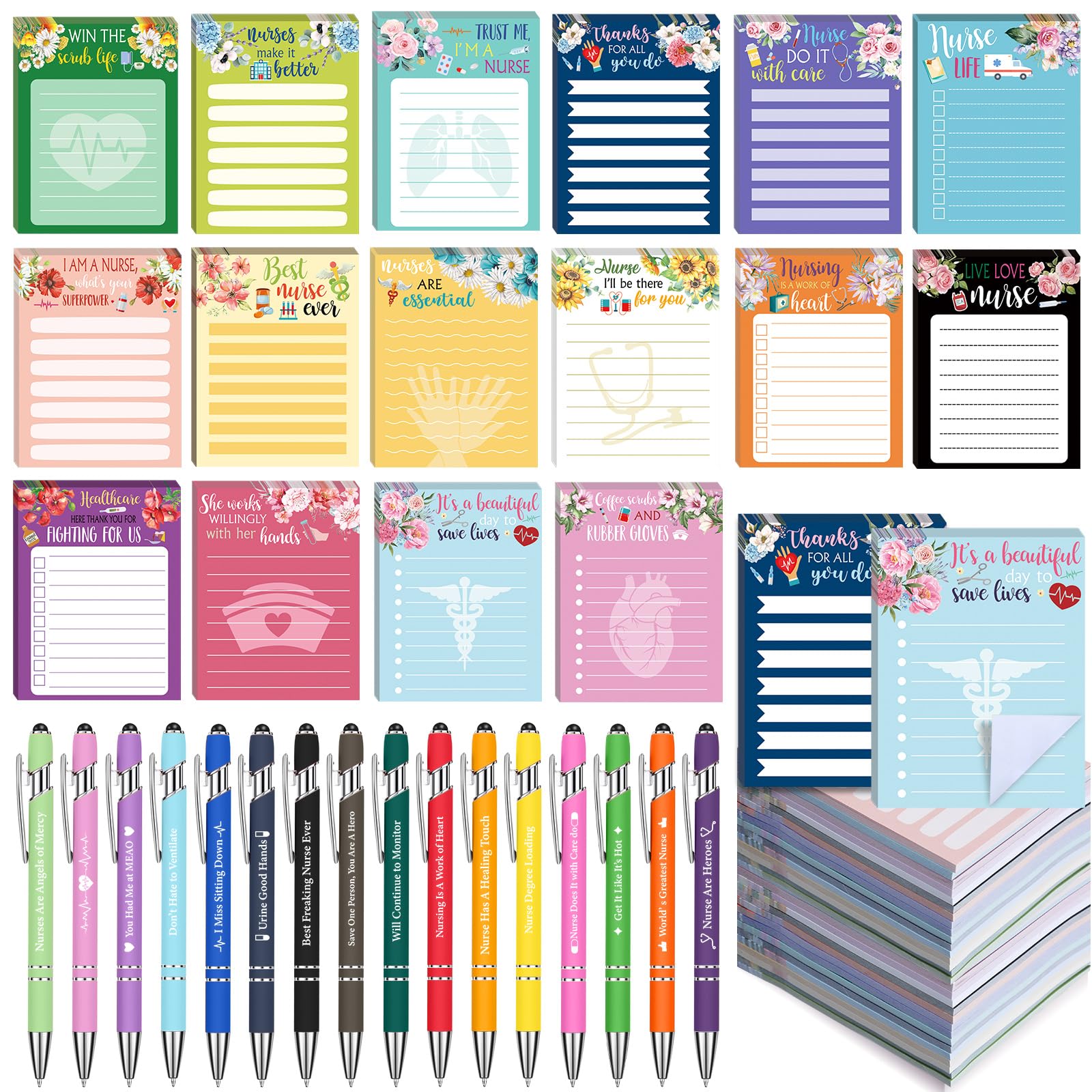 Amazon.com : Jetec 32 Pcs Nurse Sticky Notepads with Pens Bulk Teacher ...