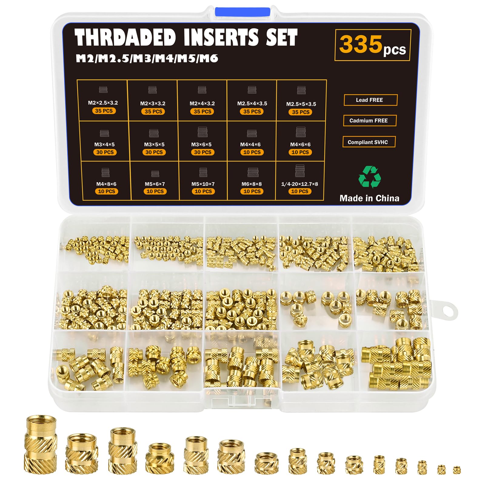 Philtool 335 Stück Gewindeeinsatz M2 M2.5 M3 M4 M5 M6 Messing ...