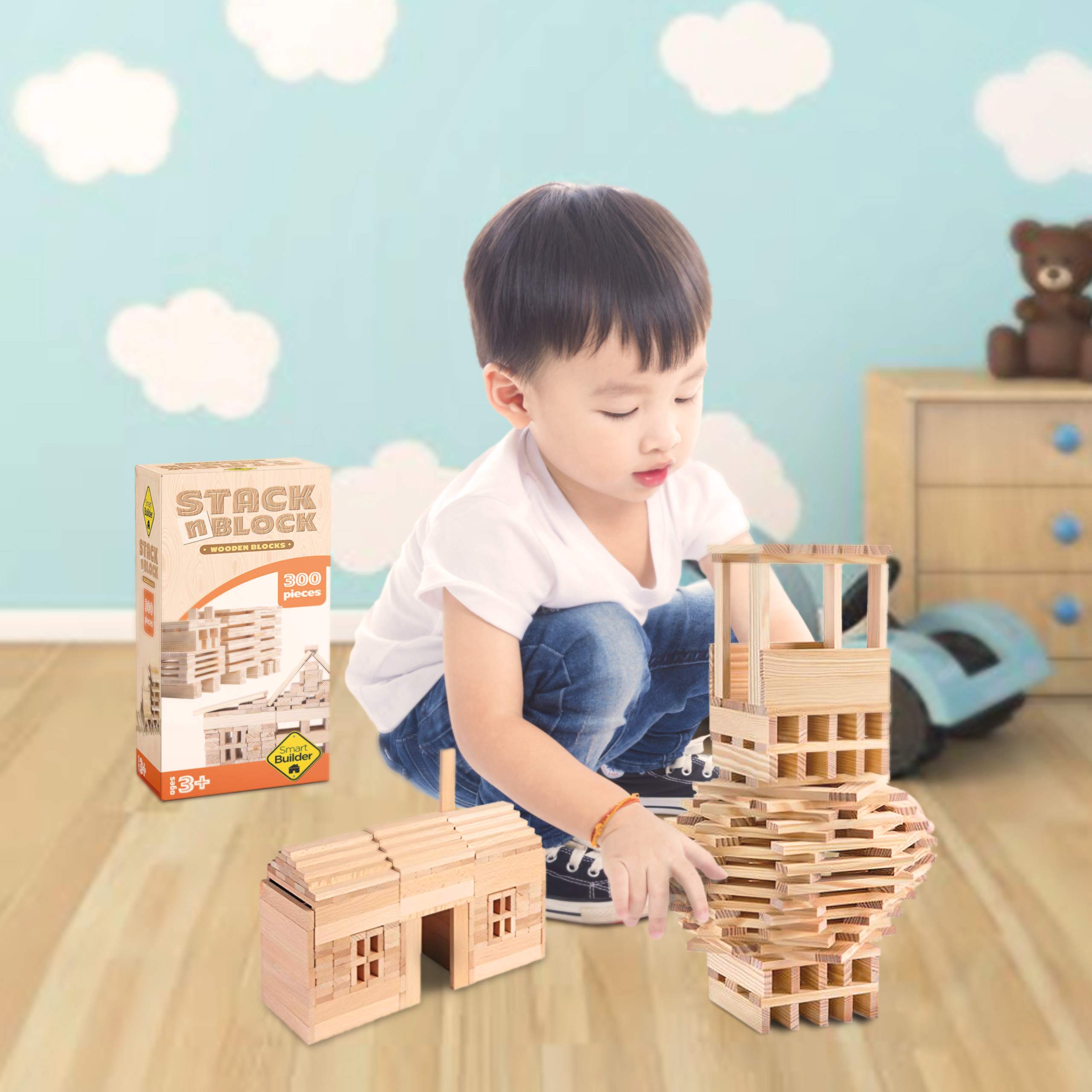 Smart Builder Wooden Planks Building Blocks for Kids - 300 Piece ...