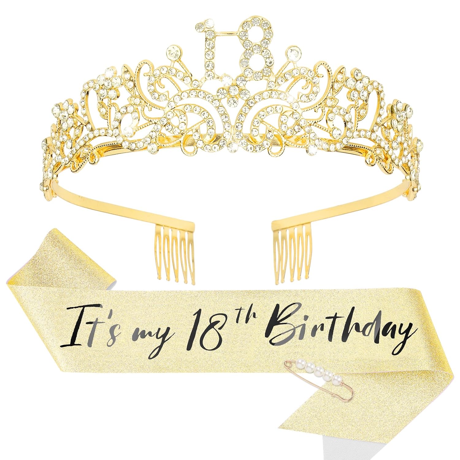 Amazon.com: CIEHER 18th Birthday Crown and Sash + Pearl Pin Set, Gold ...