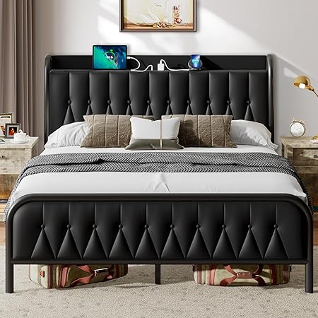 Amazon.com: iPormis Queen Size Faux Leather Bed Frame with 1 USB& 1 ...
