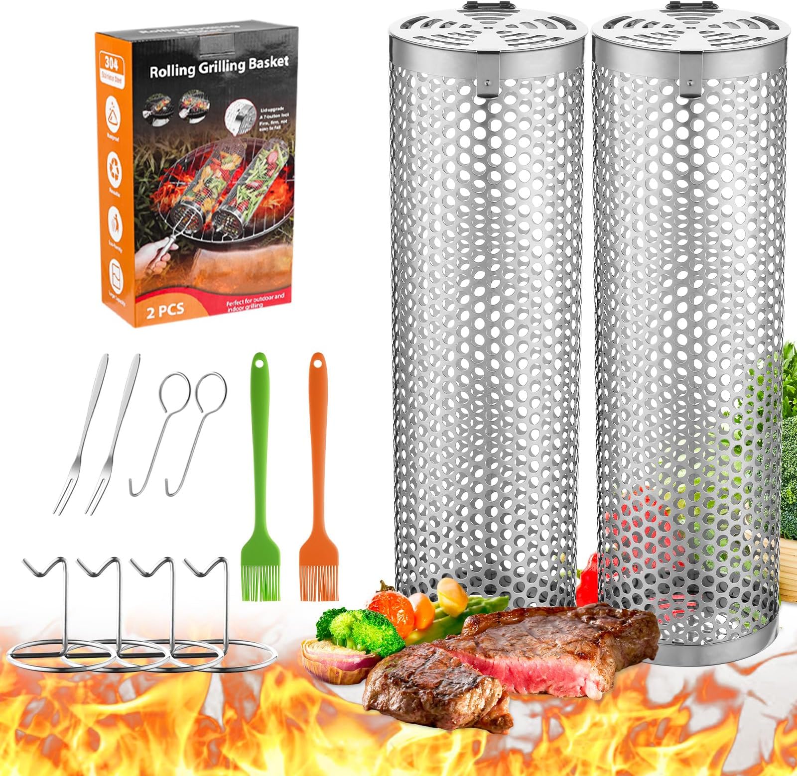 Amazon.com: COZY4YOU 304 Stainless Steel Rolling Grilling Baskets for ...