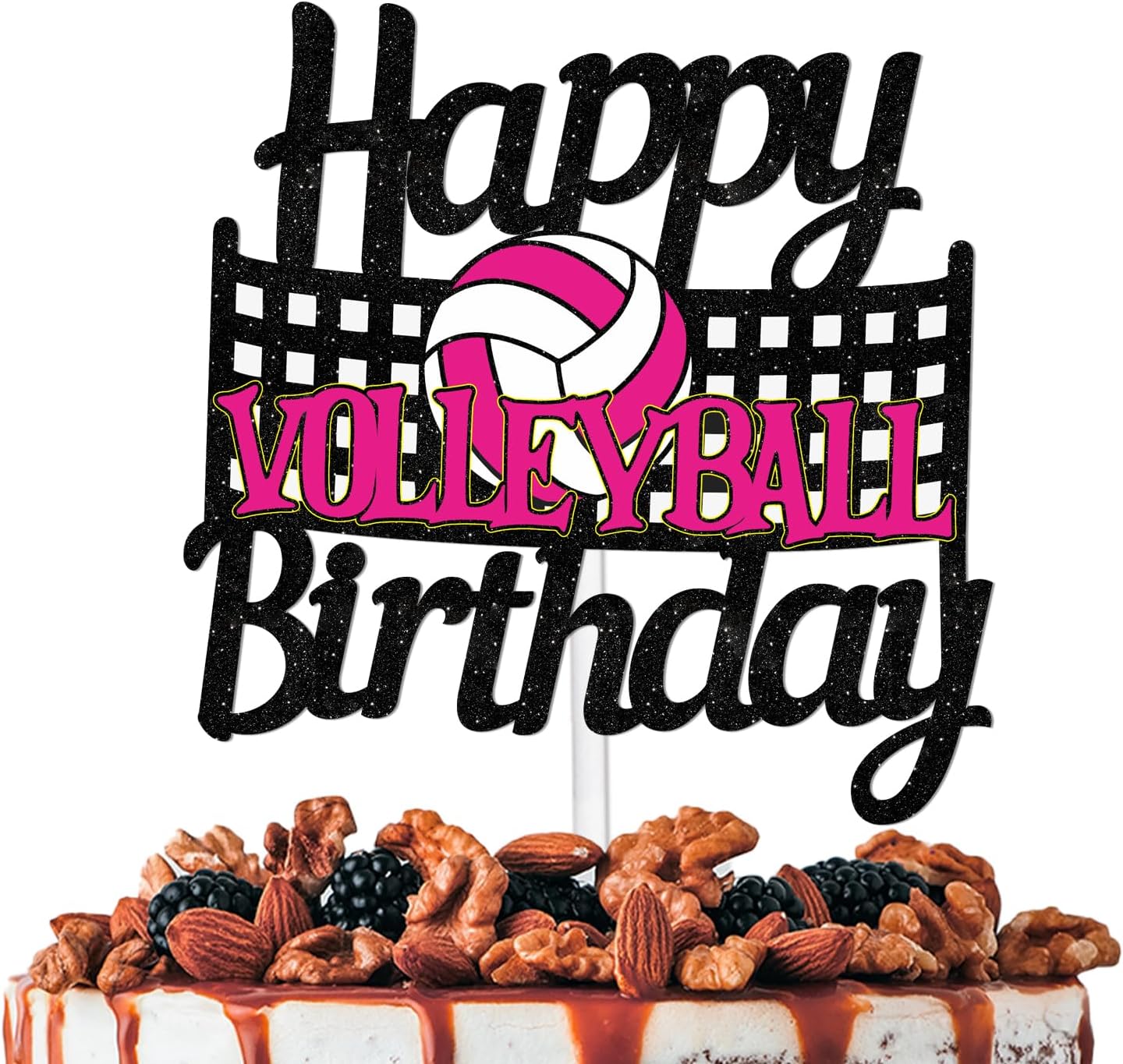Amazon.com: Black Glitter Happy Birthday Volleyball Cake Topper Cheer ...