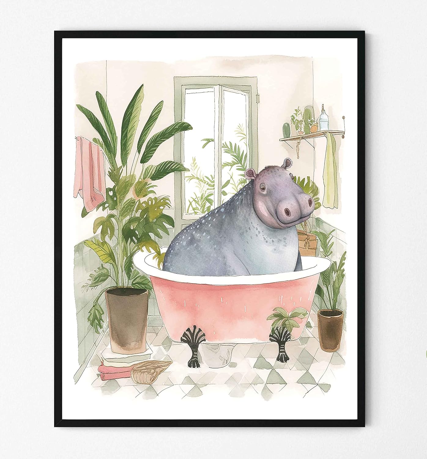 Amazon.com: Hippo Wall Art in Bathtub, Hippo In Bathroom Picture, Humor ...