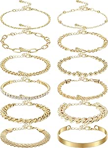 Amazon.com: 12 Pcs Dainty Gold Bracelets Set for Women Adjustable 14K ...