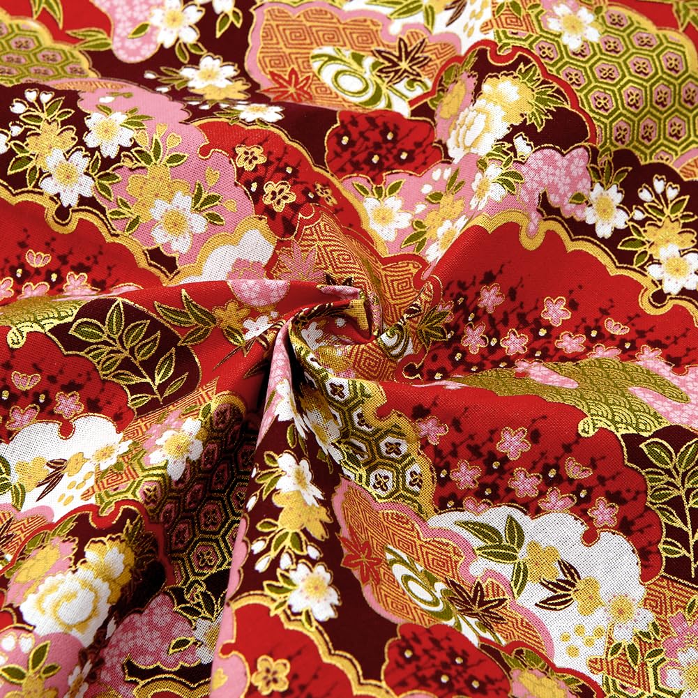 Oriental Fabric Designs Metallic Red Japanese Wave Cotton | Oriental