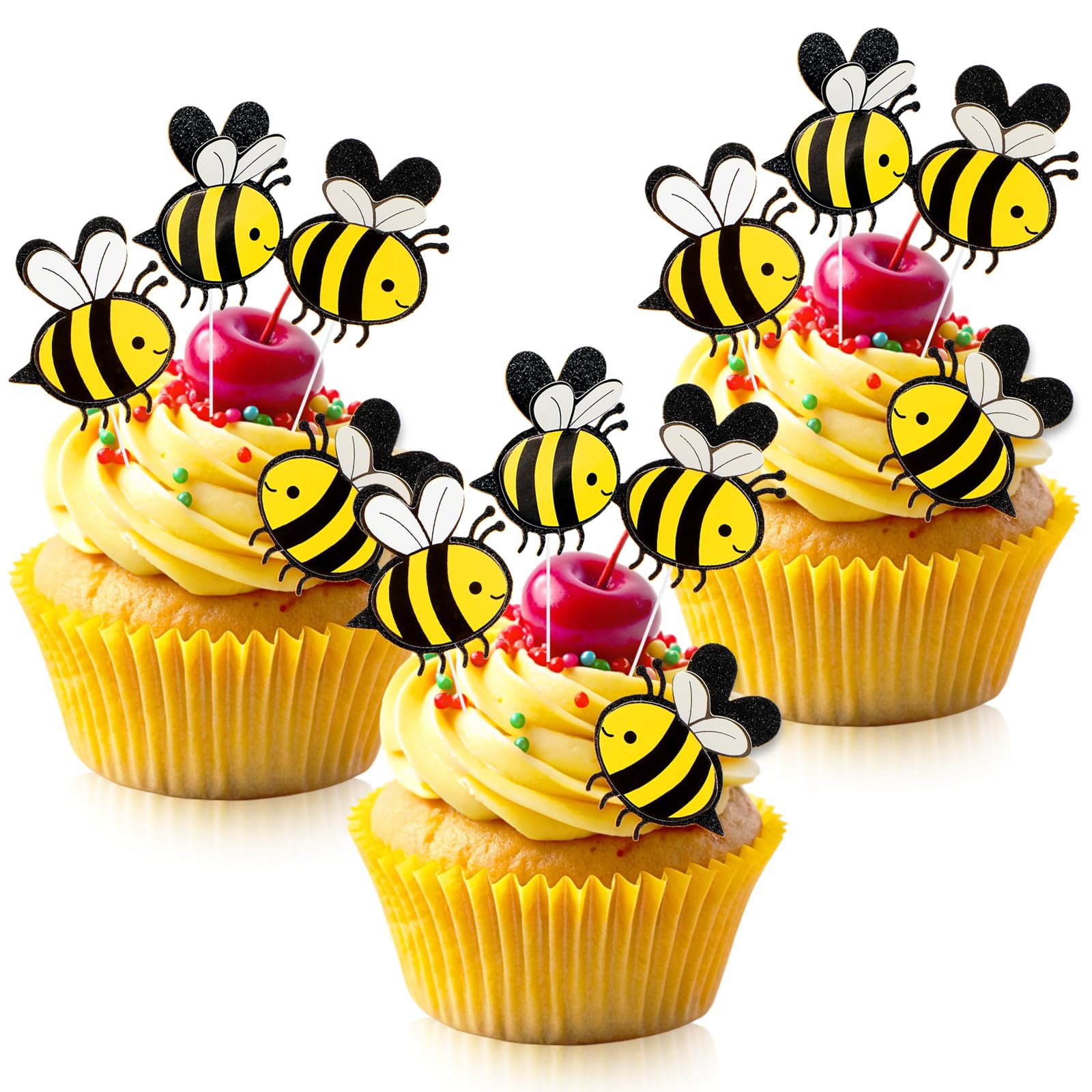 Amazon.com: AHQiZFX 30 Pieces Bee Cake Toppers, Double Layer Bee Card ...