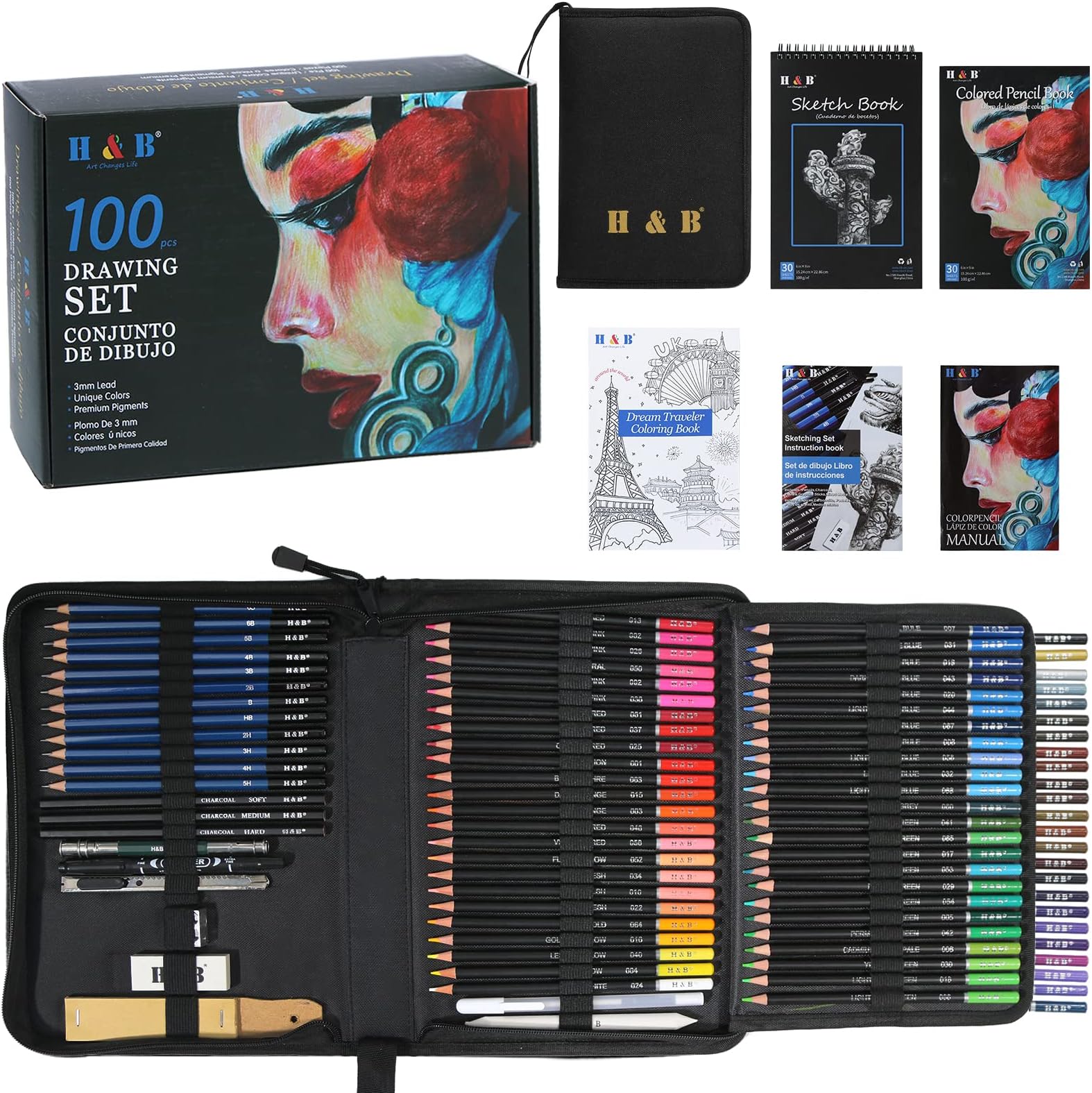 Amazon.com : H & B 100 pcs Art Supplies,Drawing Colored Pencils kit,Art ...