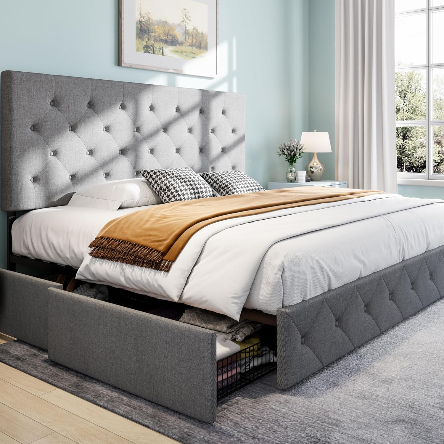 Amazon.com: SHA CERLIN Upholstered King Size Platform Bed Frame with 4 ...