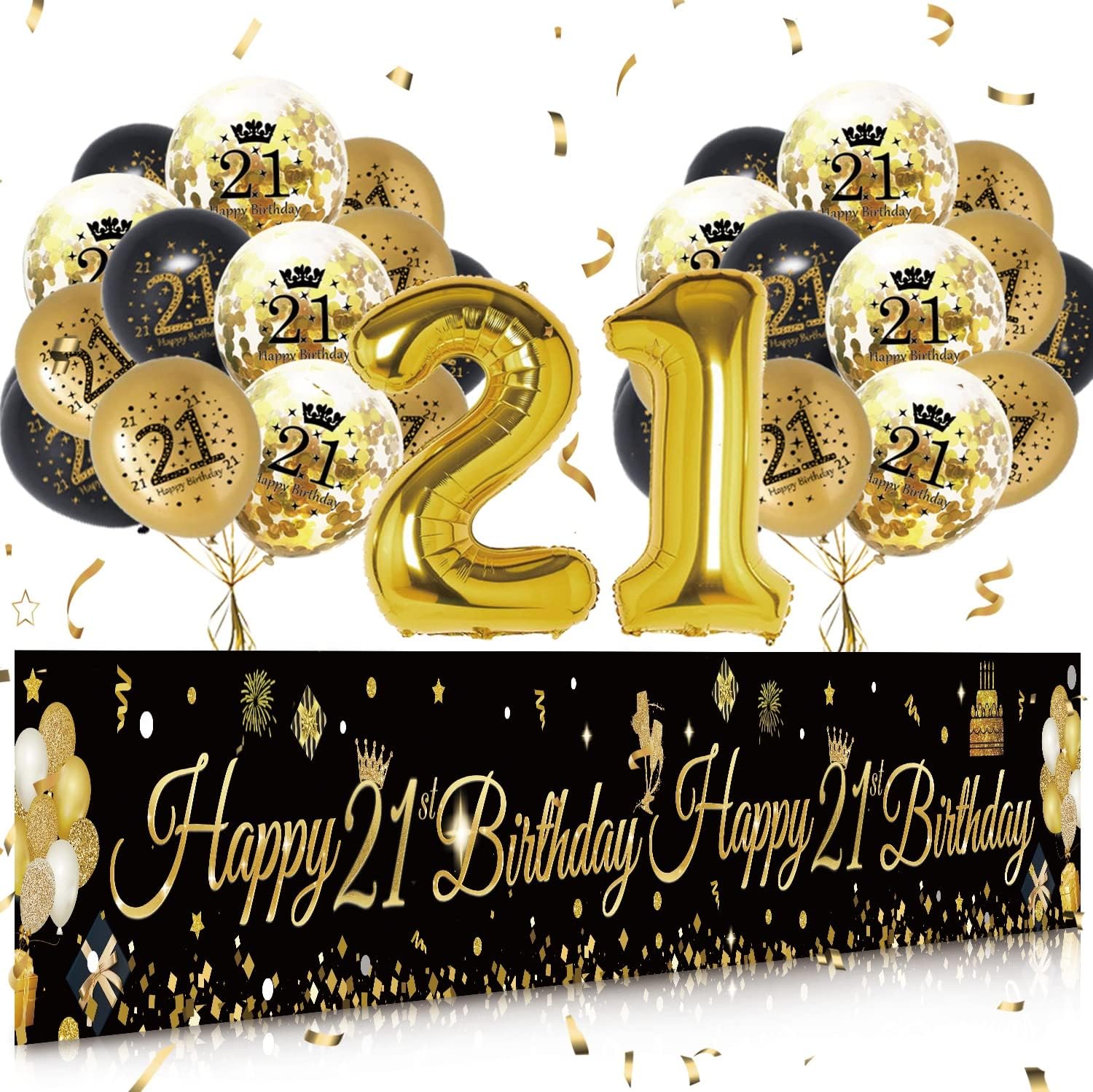 Amazon.com: 21st Birthday Decorations for Him Her, Black Gold Happy ...