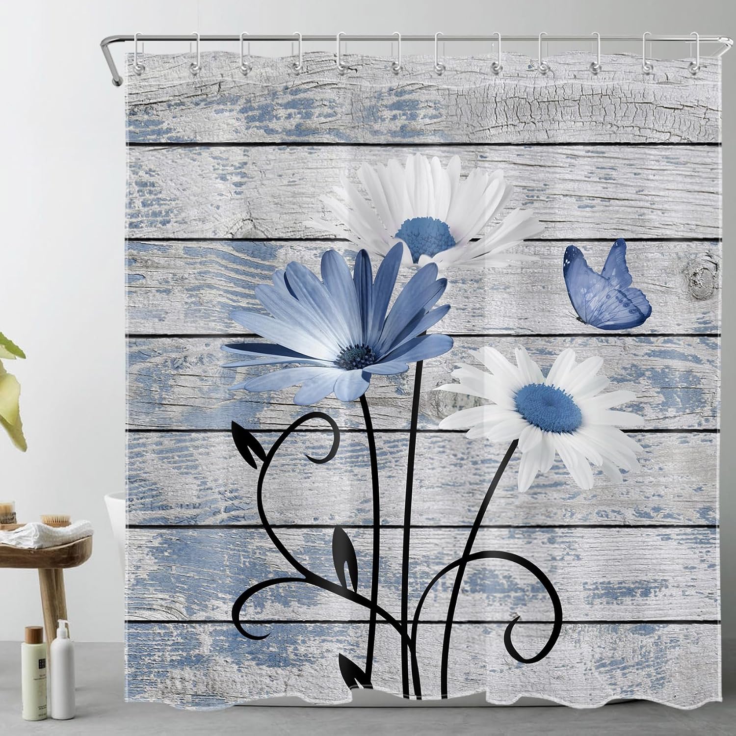 Amazon.com: HVEST Blue and White Floral Shower Curtain for Bathroom ...