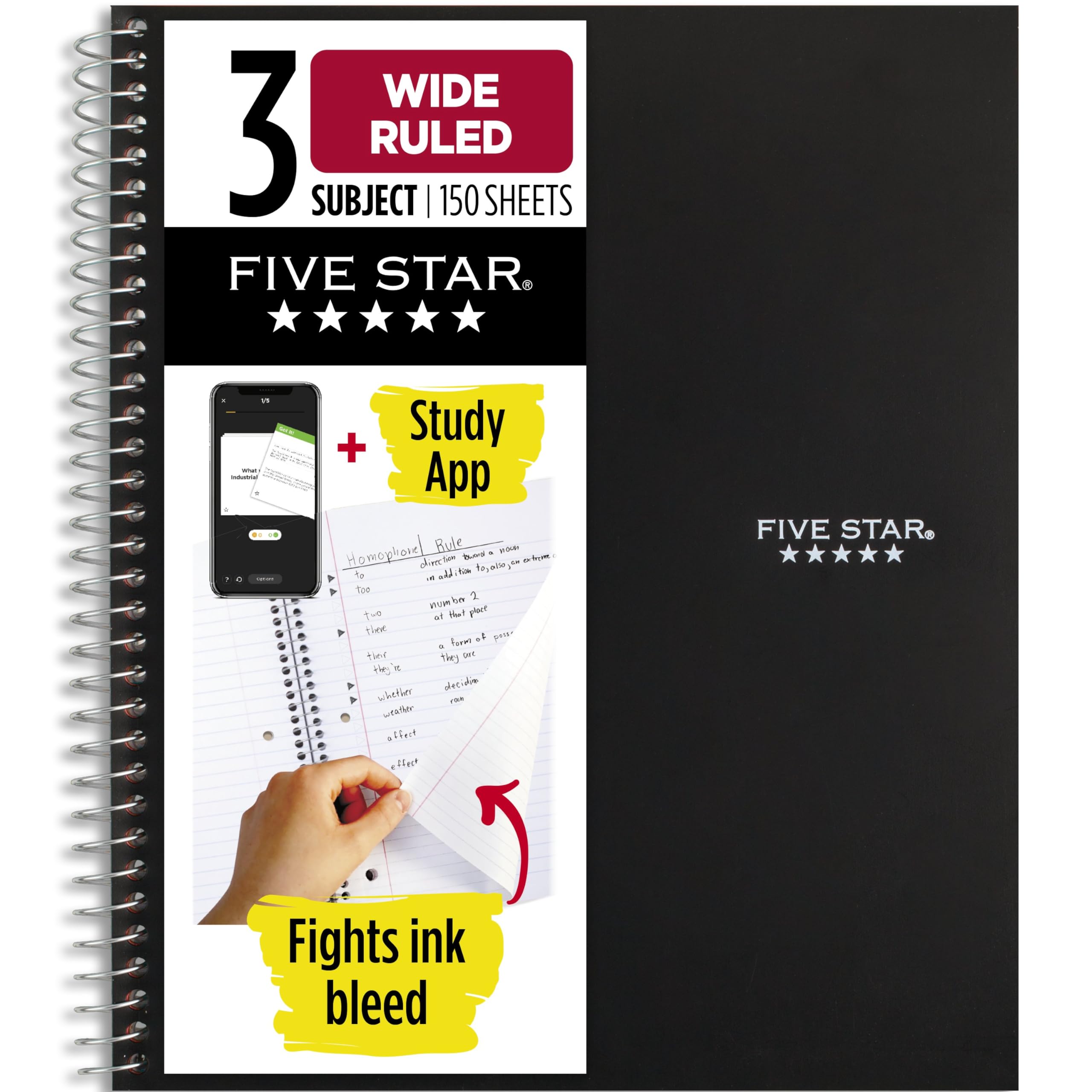 Snapklik.com : Five Star Spiral Notebook + Study App, 3 Subject, Wide ...
