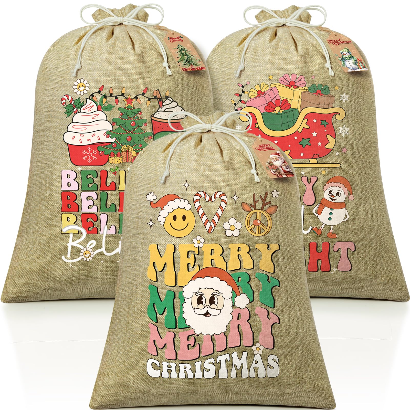 Amazon.com: 3PCS Large Burlap Christmas Drawstring Gift Bags with Tags ...