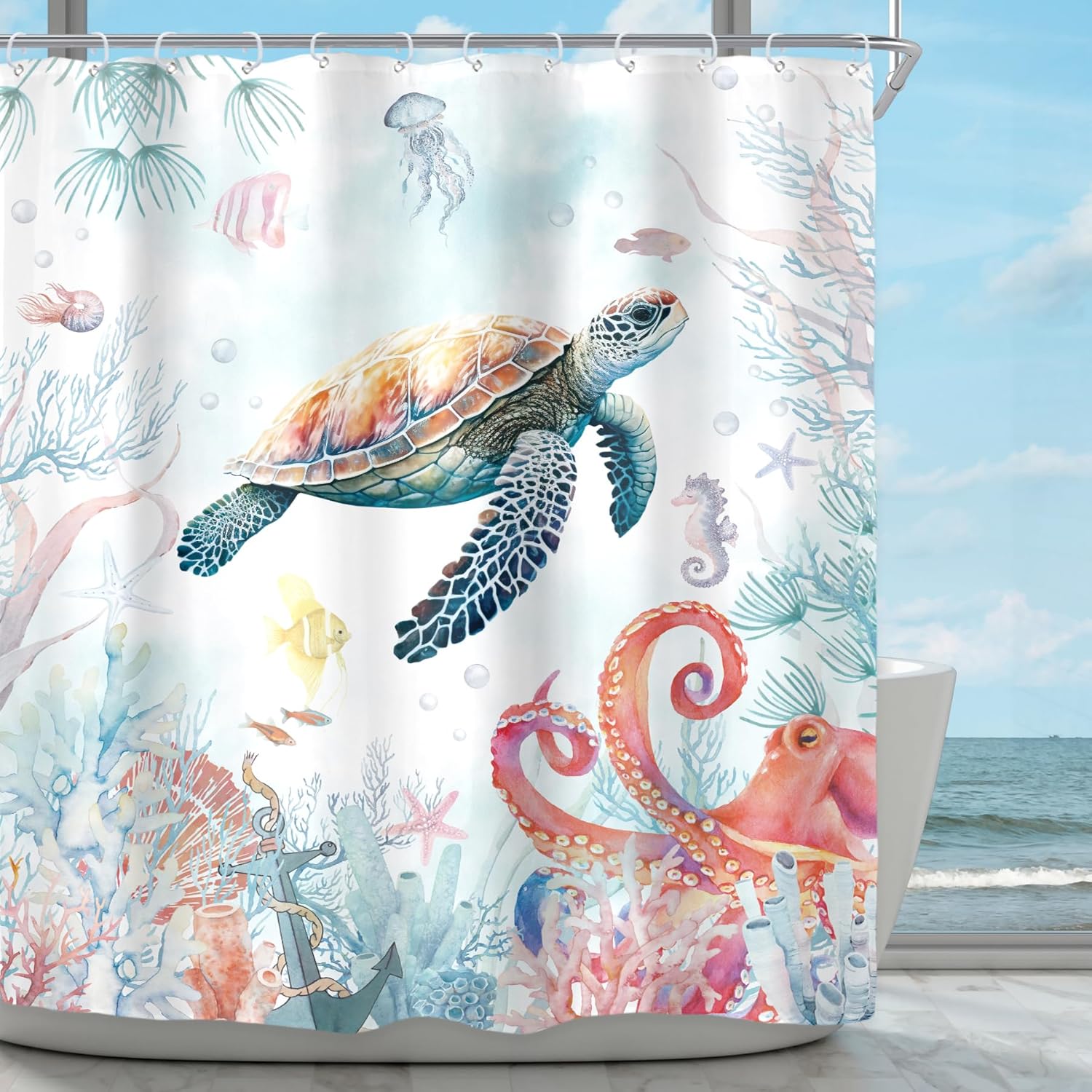 Amazon.com: Riyidecor Sea Turtle Shower Curtain,Teal Blue Beach Turtle ...