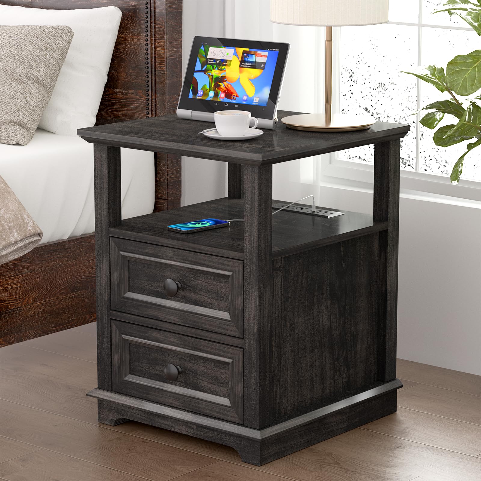 Amazon.com: REDAYFUR 24" Tall Nightstand with Charging Station, Double 18W Fast Charge End Table ...