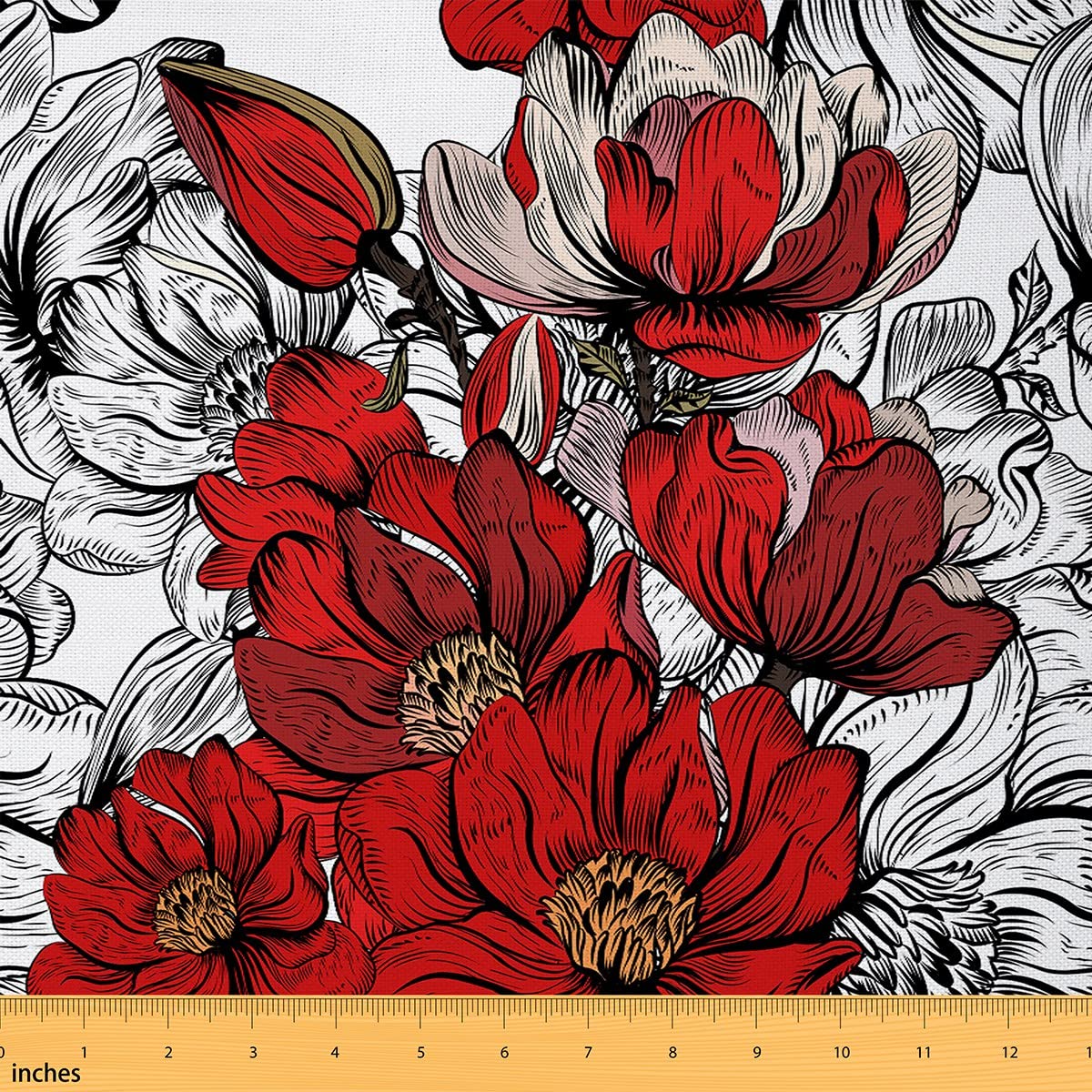 Amazon.com: Red Poppy Fabric by The Yard Abstract Sketch Wild Flowers ...