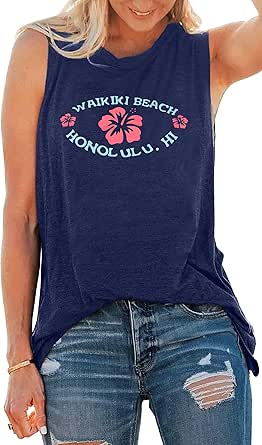 Amazon.com: Hawaiian Tank Tops Women Hibiscus Flower Tanks Hawaii ...
