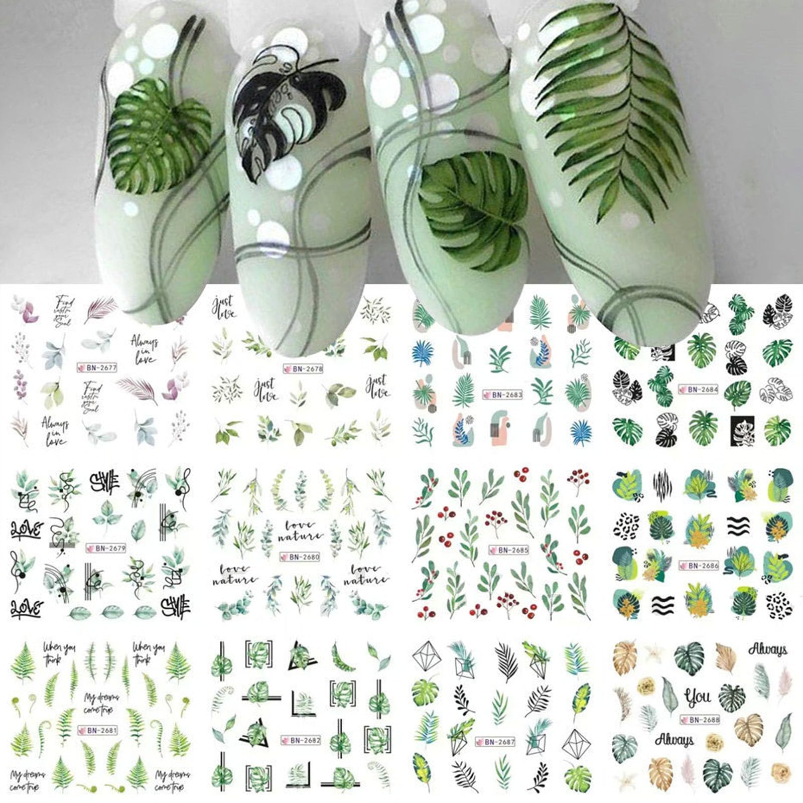 Amazon.com: 12pcs Green Leaf Nail Stickers - Diowino Water Transfer ...