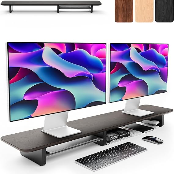 Amazon.com: KIVY Dual Monitor Riser With Integrated Metal Shelf [MADE BY HAND] - Wooden Desk ...