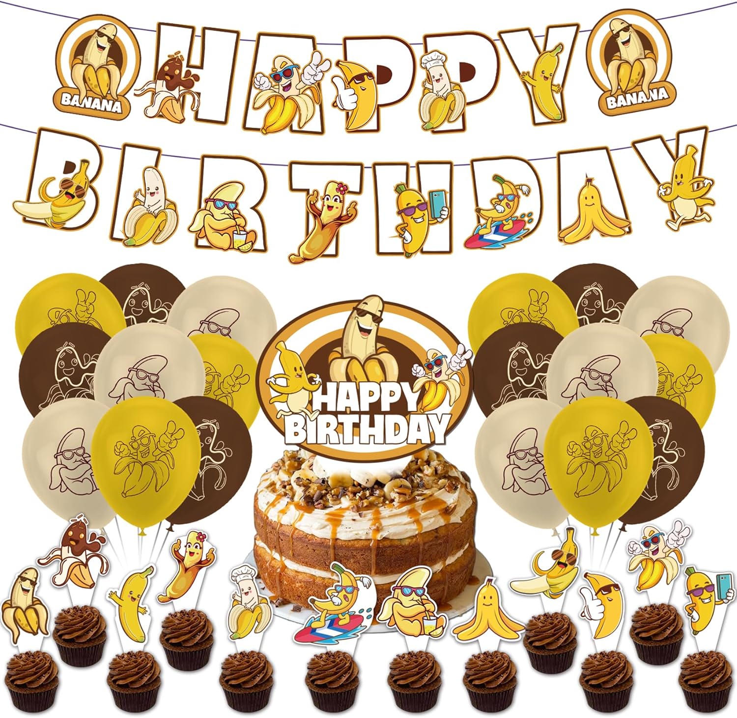 Amazon.com: Banana Happy Birthday Banner & Cake Topper Set - Includes ...