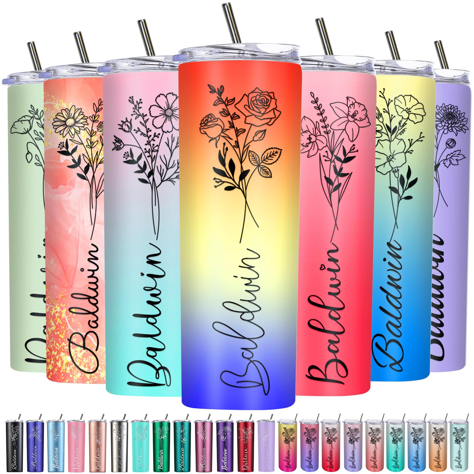 Amazon.com | Personalized Tumbler Custom Cups with Names Birth Flower Straws Lids Customized ...