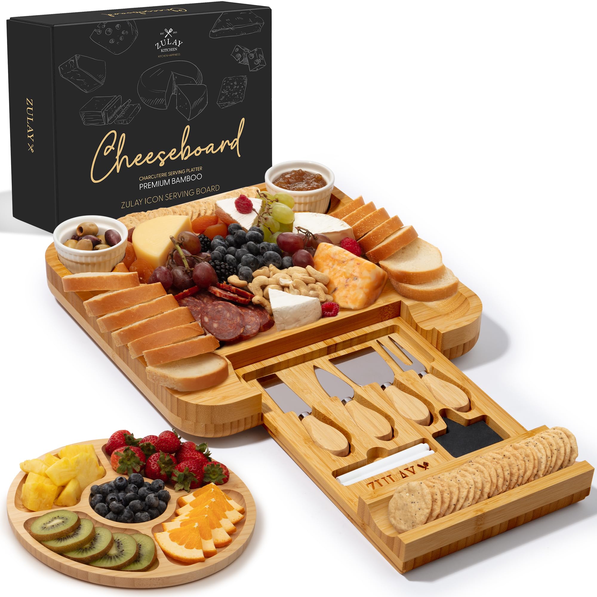 Amazon.com: Zulay Kitchen Premium Bamboo Cheese Board Set - Extra Thick ...