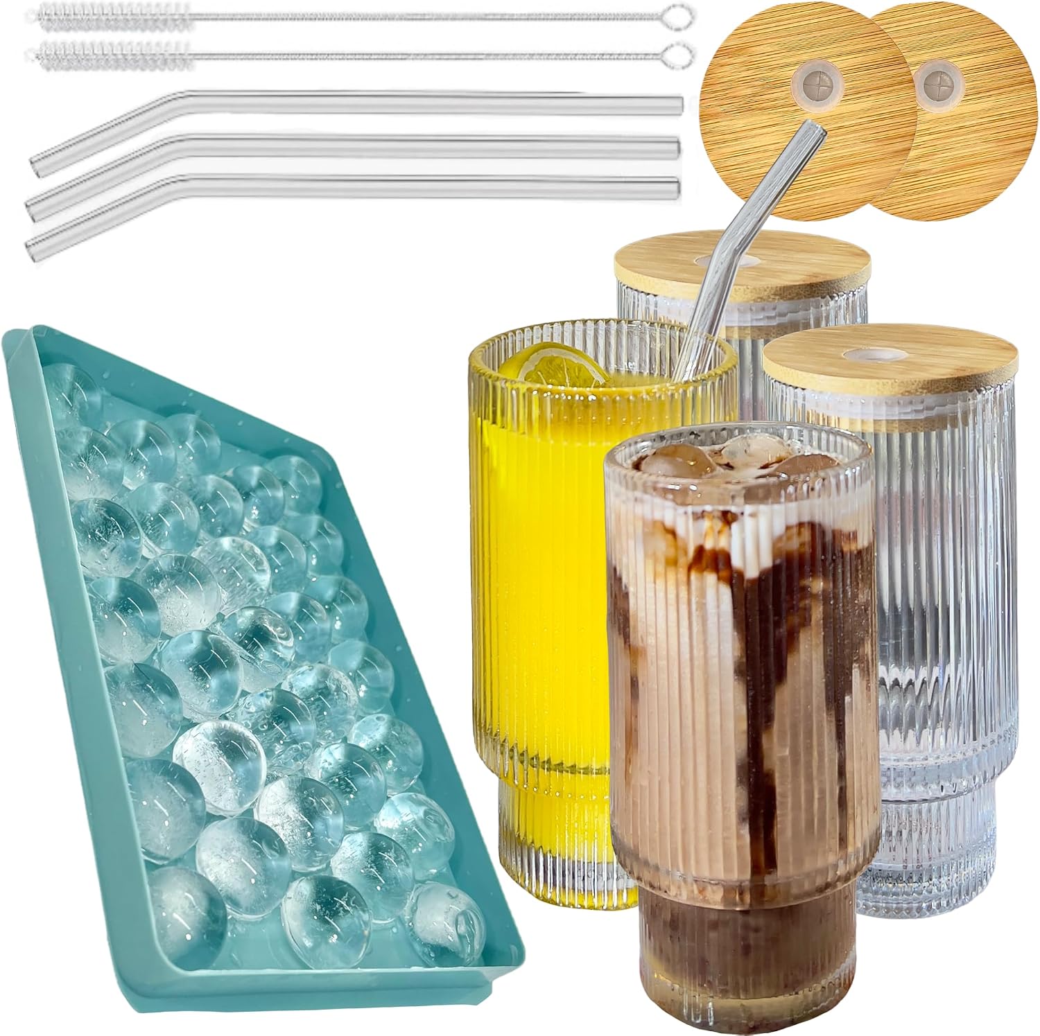 Cypra Juego de 4 vasos de vidrio (16 onzas) con bandeja de cubitos de ...