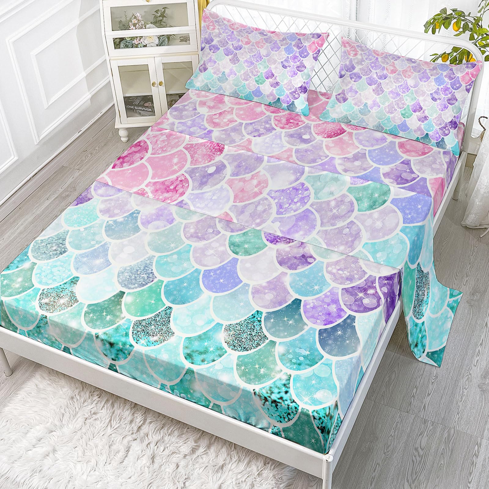 Amazon.com: Axolotl Mermaid Scale Fitted Sheet Queen,Mermaid Scale Bed ...