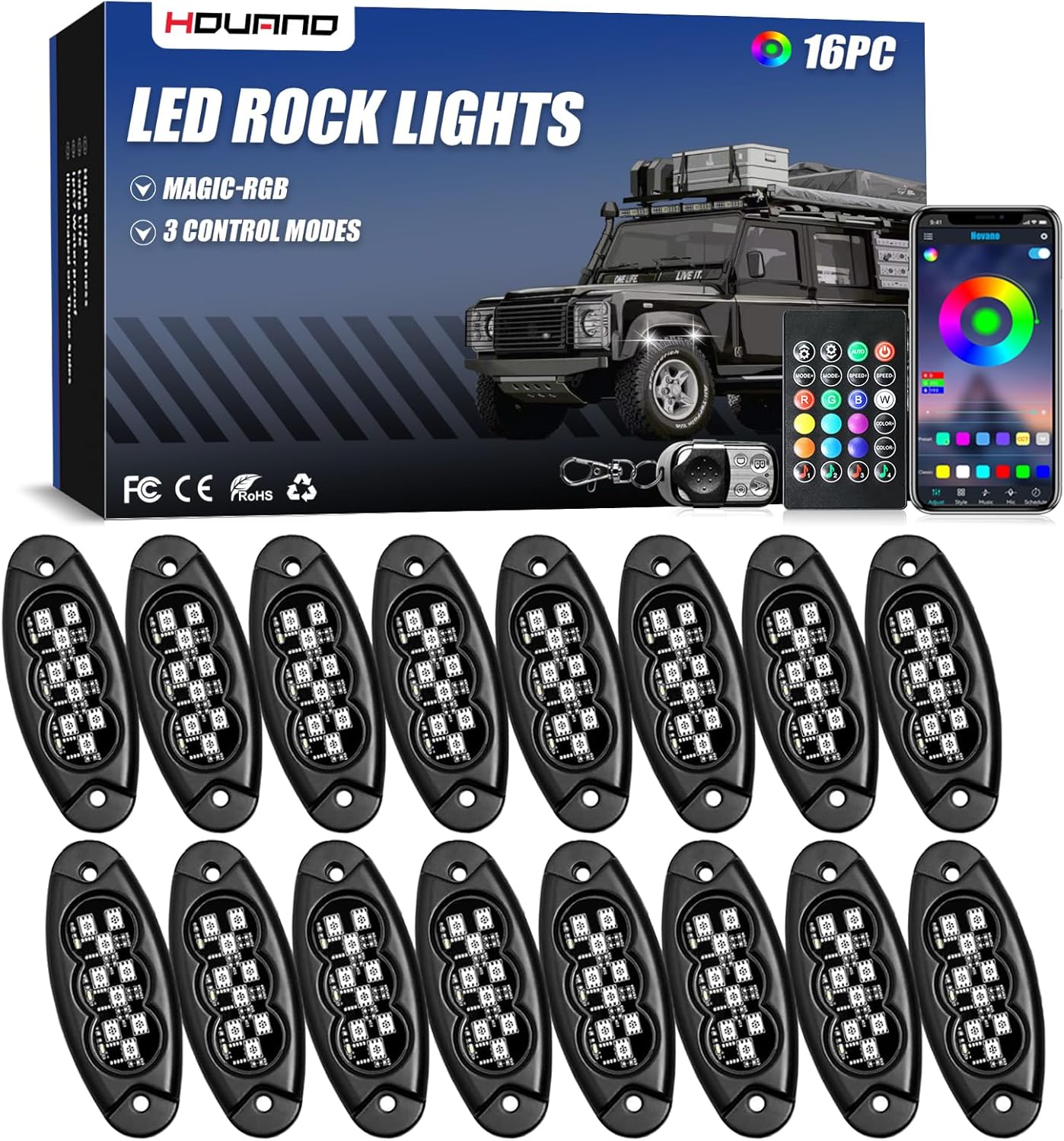 Amazon.com: Hovano RGB LED Rock Lights, 16 Pods Waterproof Magic-RGB ...